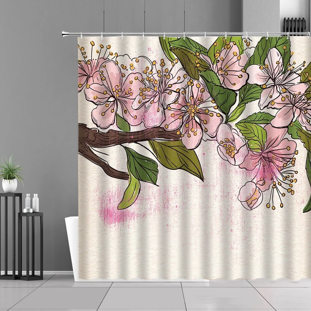 Japanese Style Mount Fuji Pink Cherry Blossom Petal Shower Curtain ...