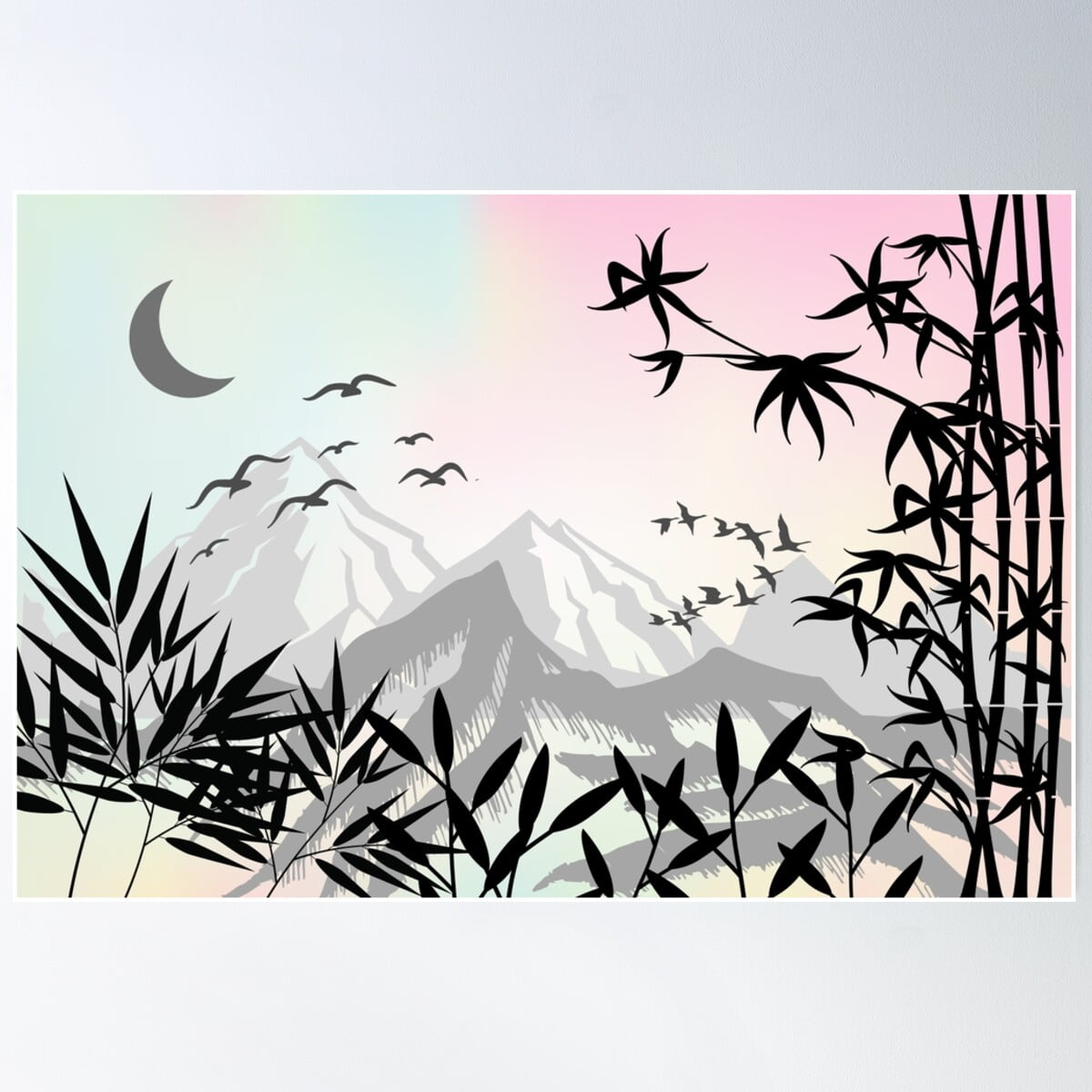 Japanese Style Mountain View With Bamboos Poster Wall Art, Modern Wall ...