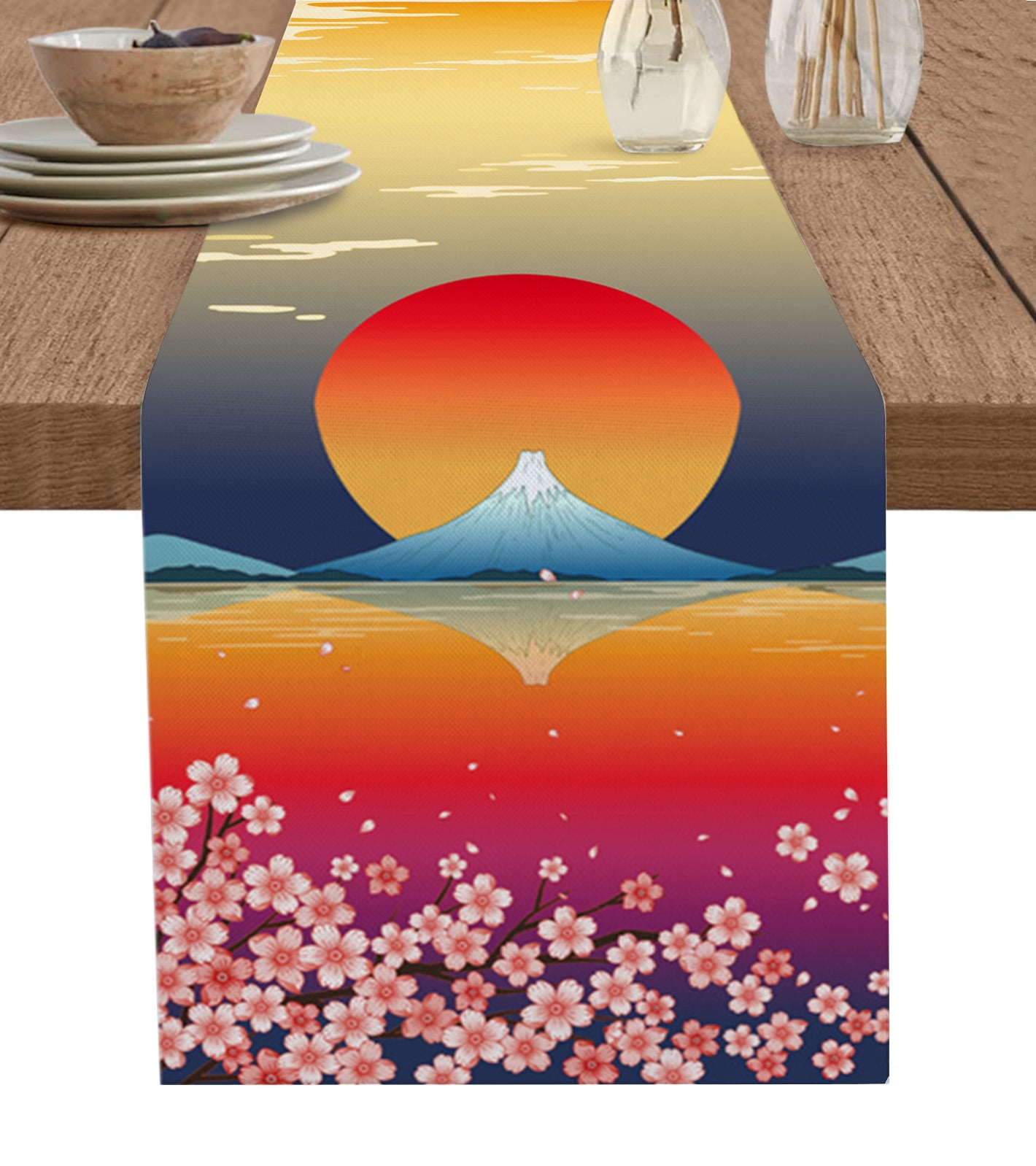 Japanese Style Mt. Fuji Cherry Blossom Sunset Table Runner ration Home ...