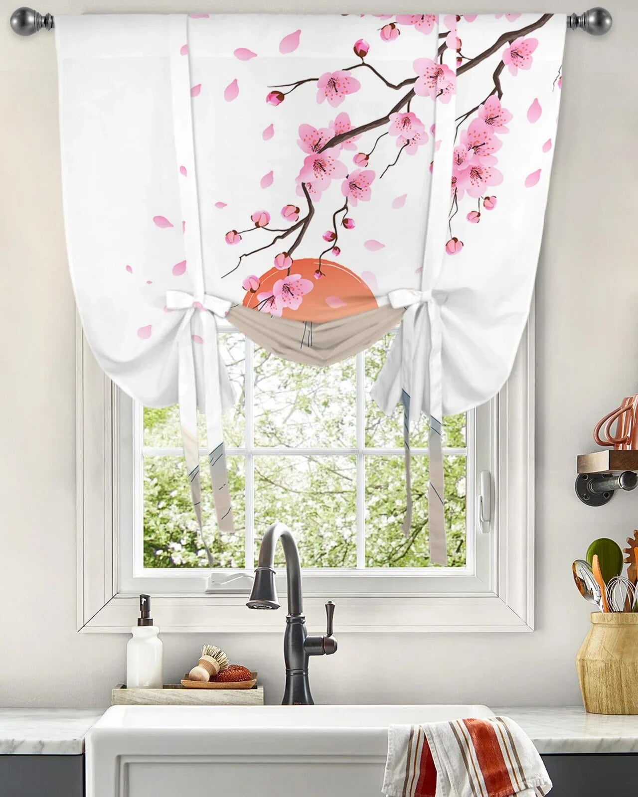 Japanese Style Mt. Fuji Sakura Window Curtain for Living Room Kitchen ...