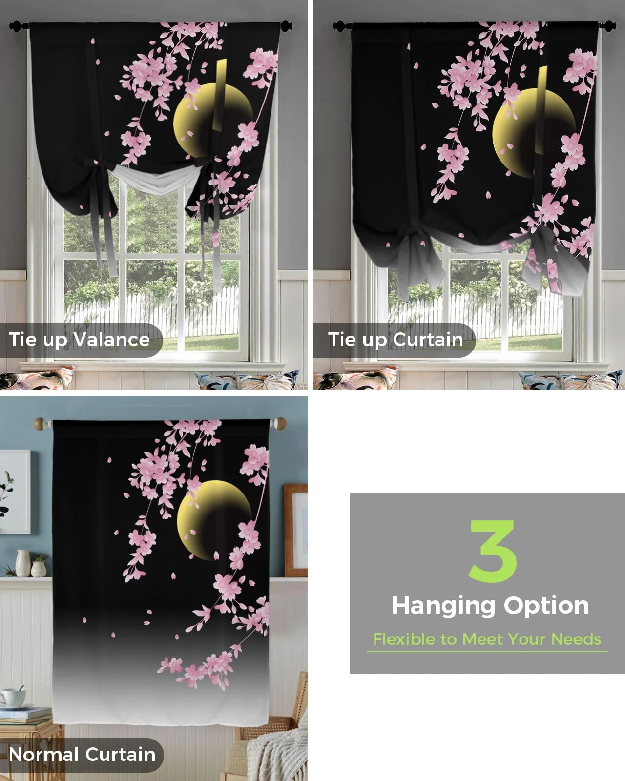 Japanese Style Mt. Fuji Sakura Window Curtain for Living Room Kitchen ...