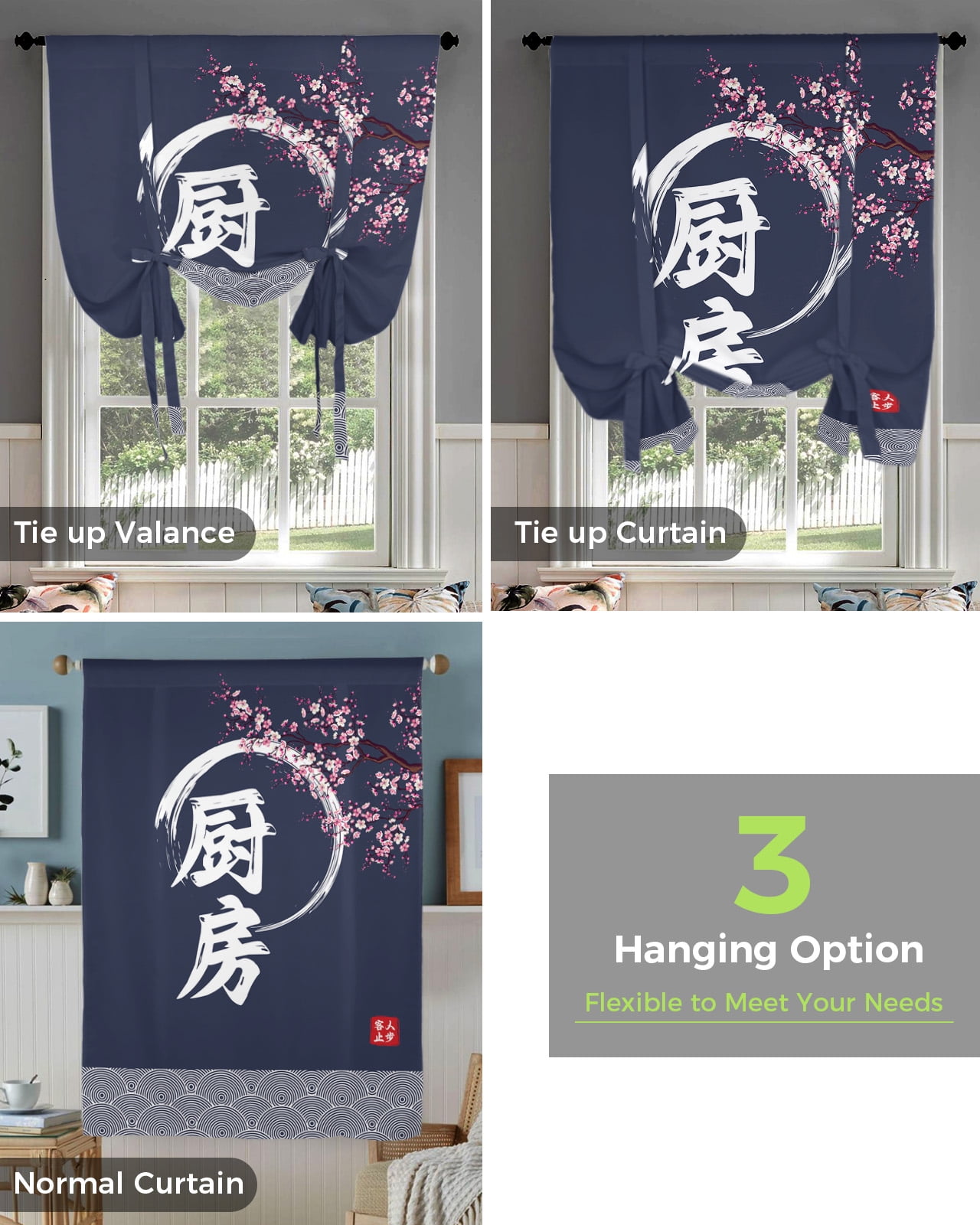 Japanese Style Mt. Fuji Sakura Window Curtain for Living Room Kitchen ...