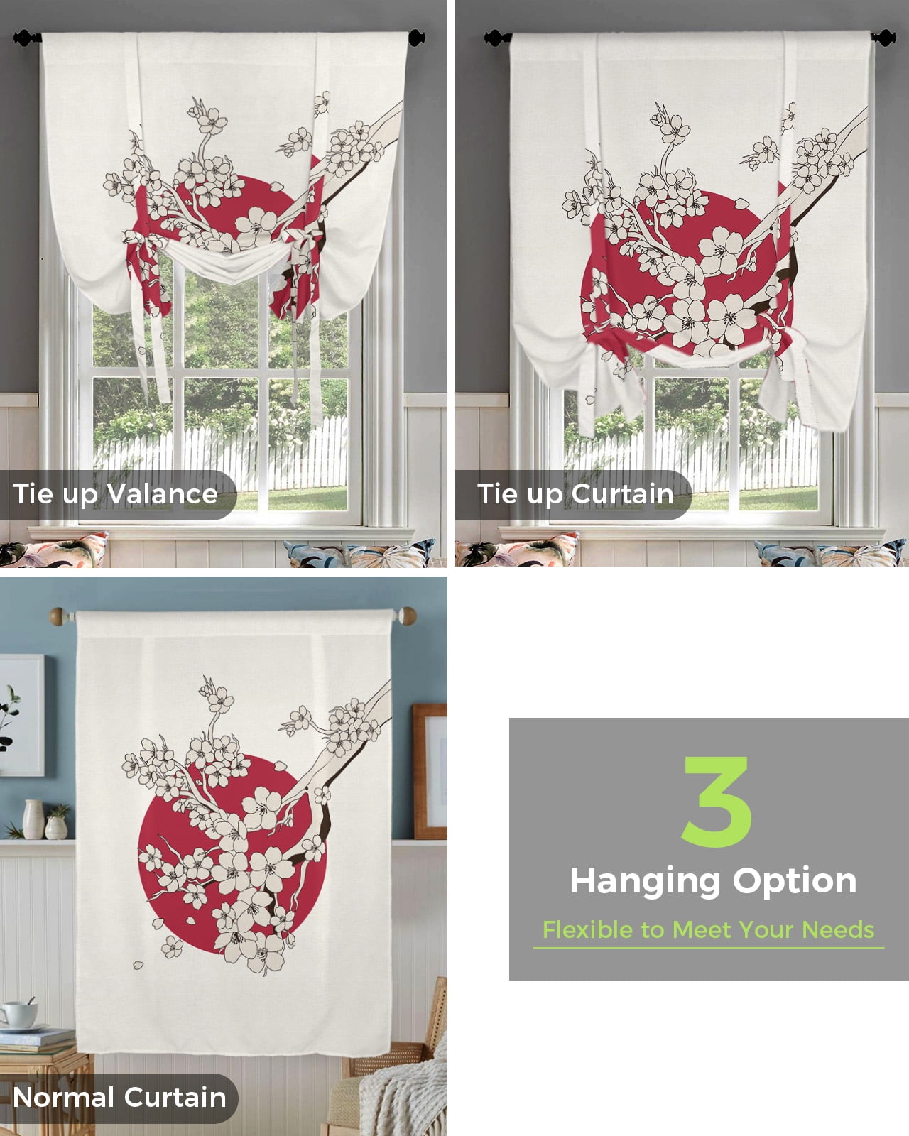 Japanese Style Mt. Fuji Sakura Window Curtain for Living Room Kitchen ...