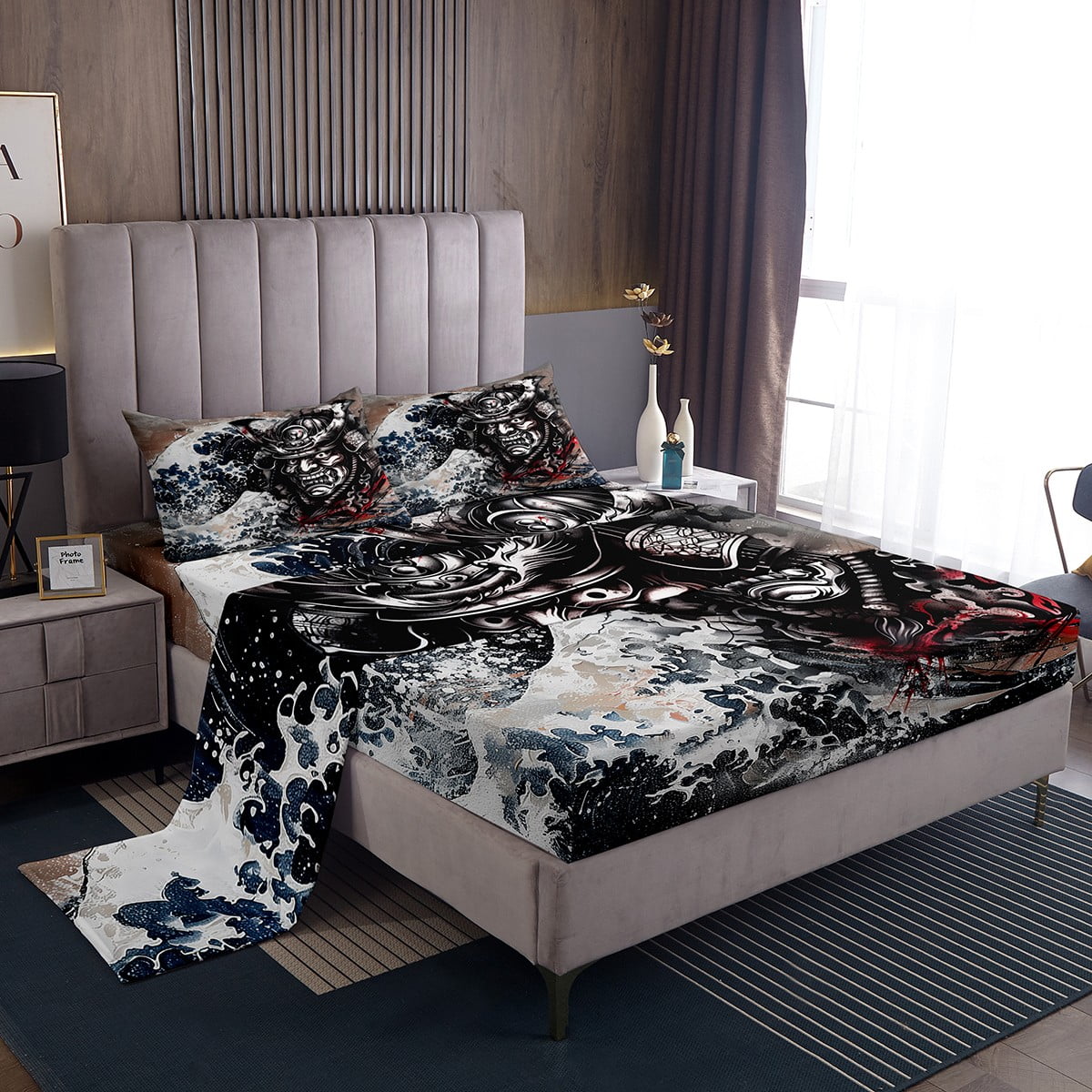 Japanese Style Oni Mask Bed Sheets Set Spooky Horror Ukiyoe Warrior Sheets Full For Boys Girls ...