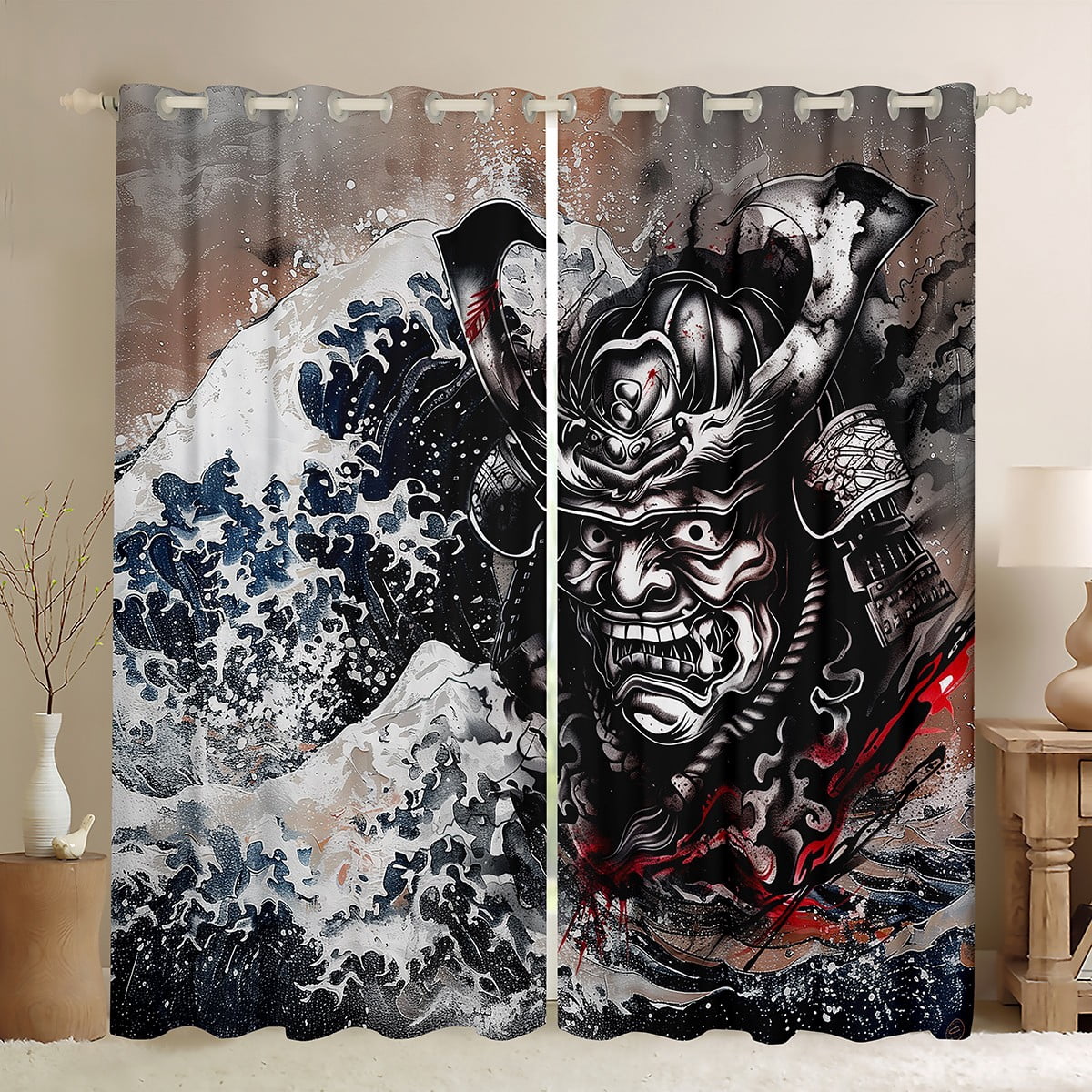 Japanese Style Oni Mask Curtains & Drapes Spooky Horror Ukiyoe Warrior ...