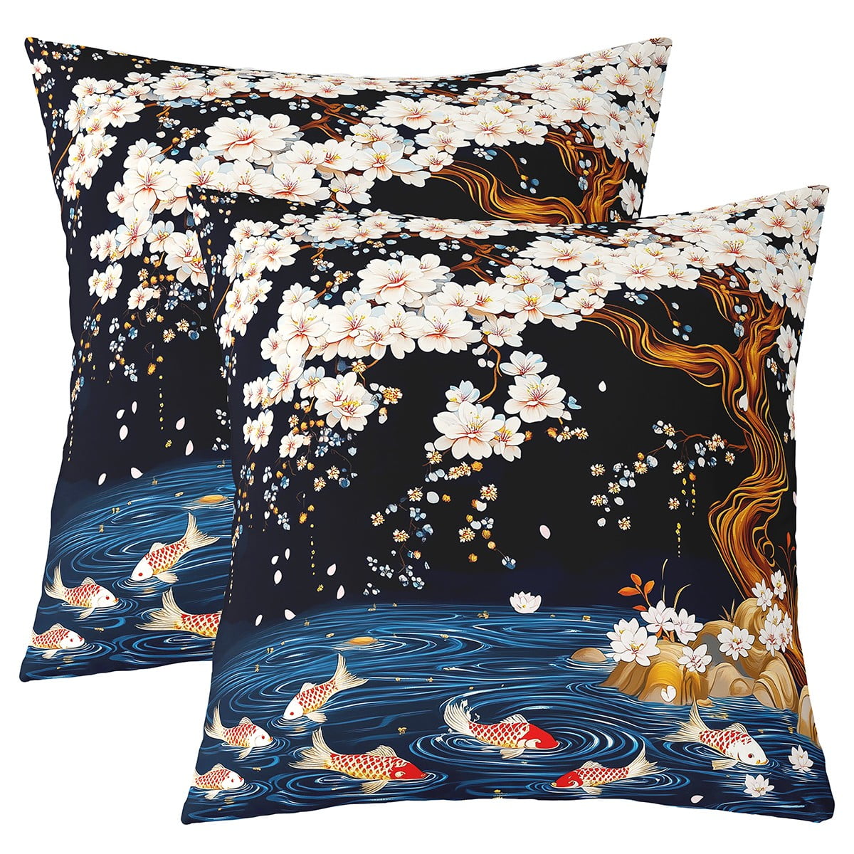 Japanese Style Pillow Cover,Cherry Blossoms and Koi Fish Throw Pillow ...