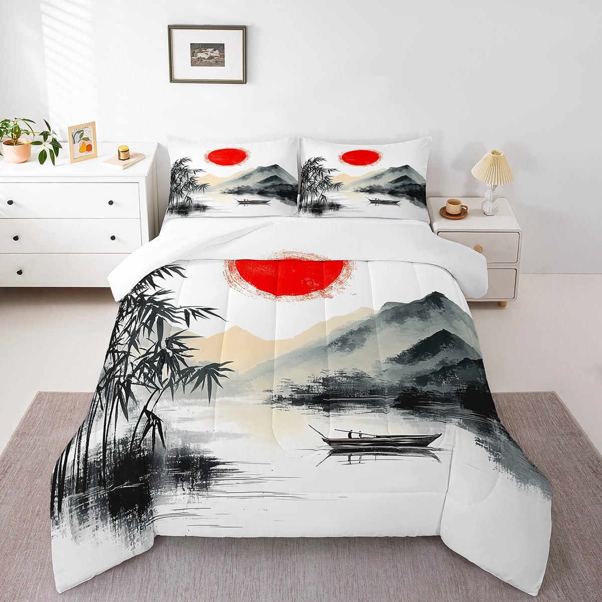 Japanese Style Queen Comforter Set, Ink Painting Sun Boat Print Cozy ...