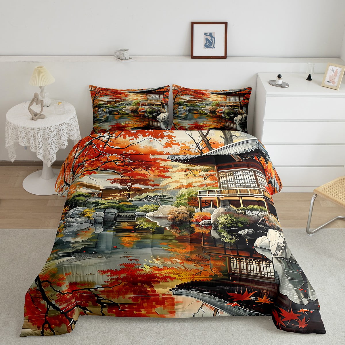 Japanese Style Queen Down Comforter Fall Leaves Decor Comforter Set ...