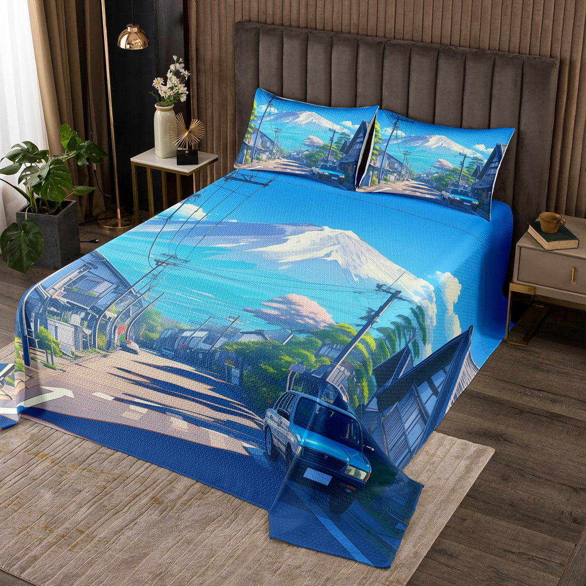 Japanese Style Quilt Set ,Snow Mountain Nature Bedspread,Country Town ...