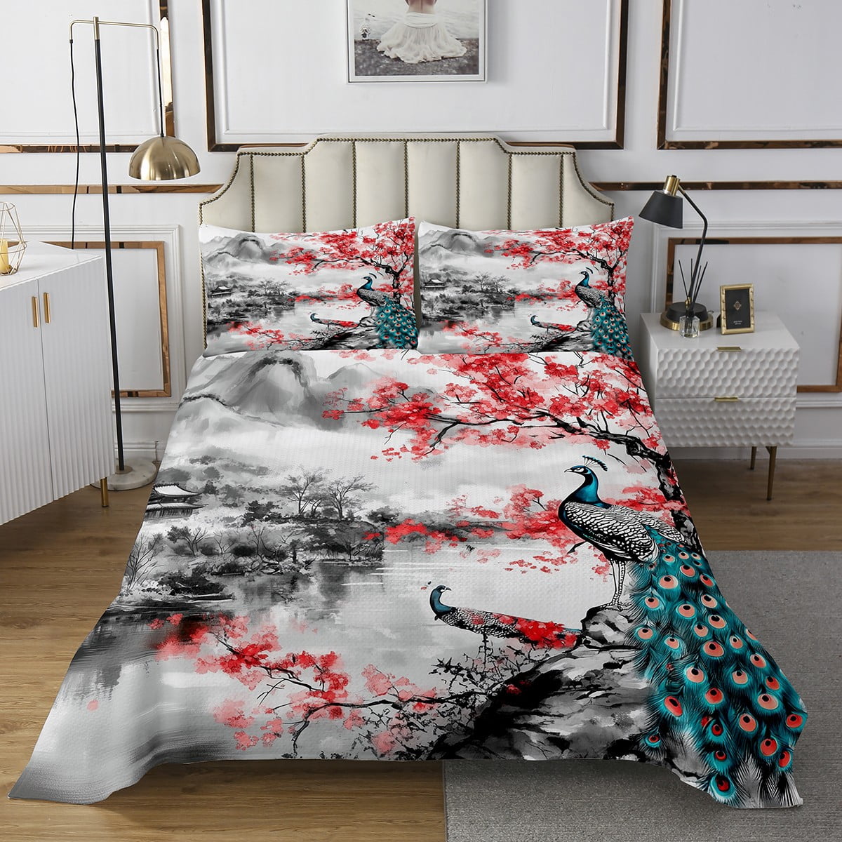 Japanese Style Quilt Set Women,Cherry Blossom Peacock Coverlet Set King ...
