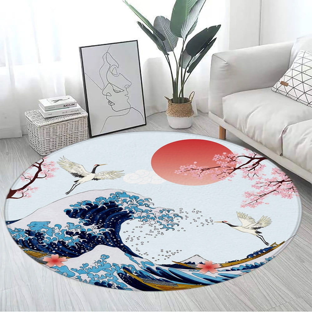 Japanese Style Round Carpet Mountain Cherry Blossom Koi Octopus Lotus ...