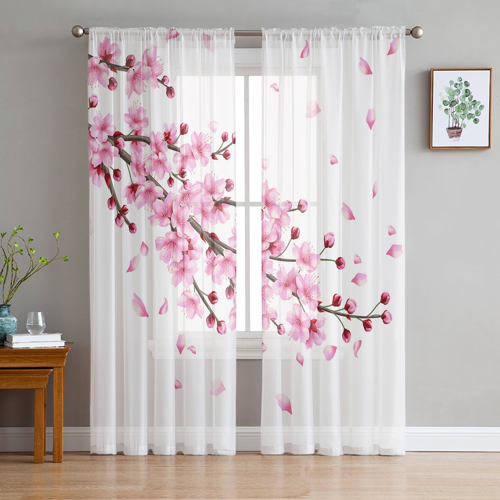 Japanese Style Sakura Cherry Blossom Pink Flower Sheer Curtains Living ...