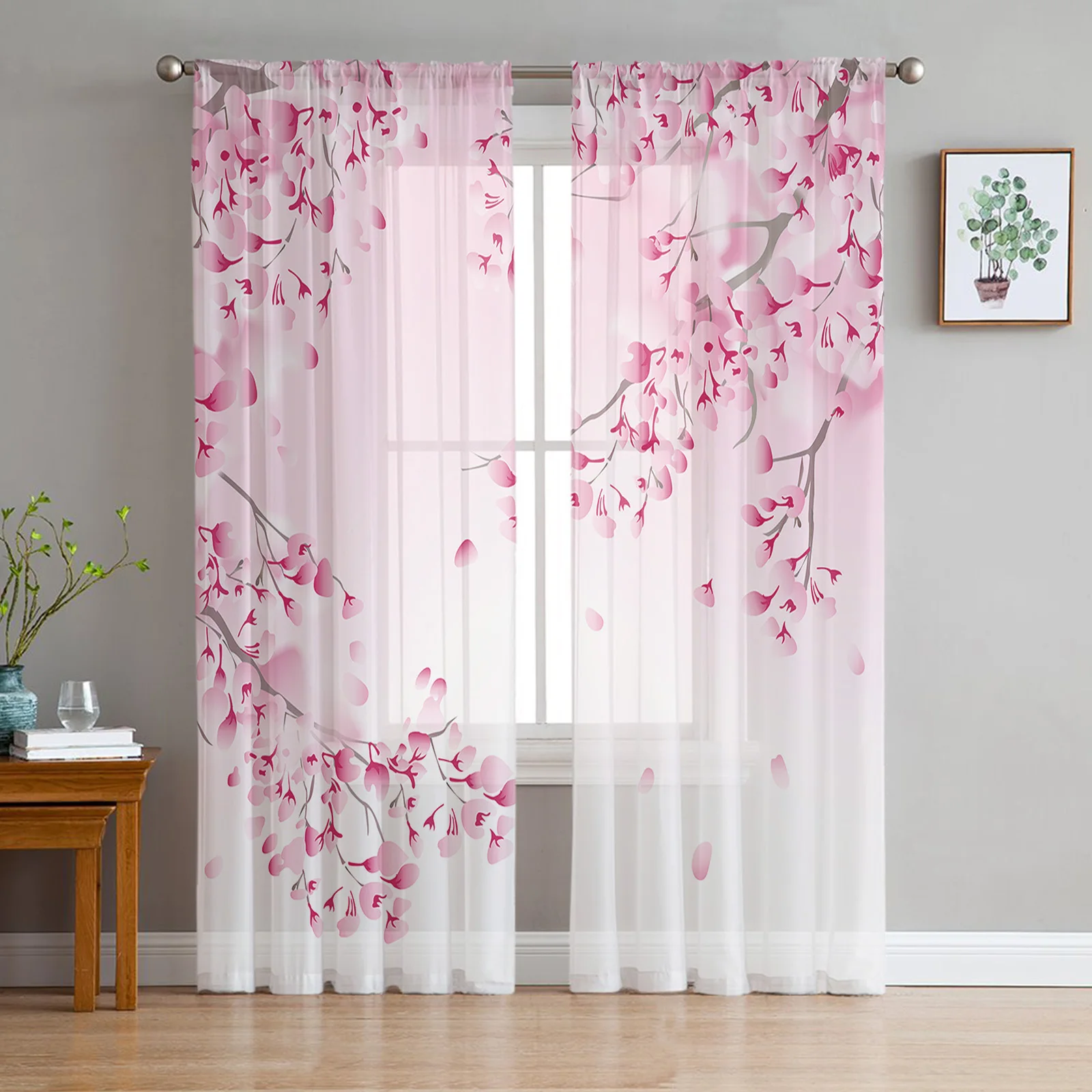 Japanese Style Sakura Cherry Blossom Pink Flower Sheer Curtains Living Room ration Window ...