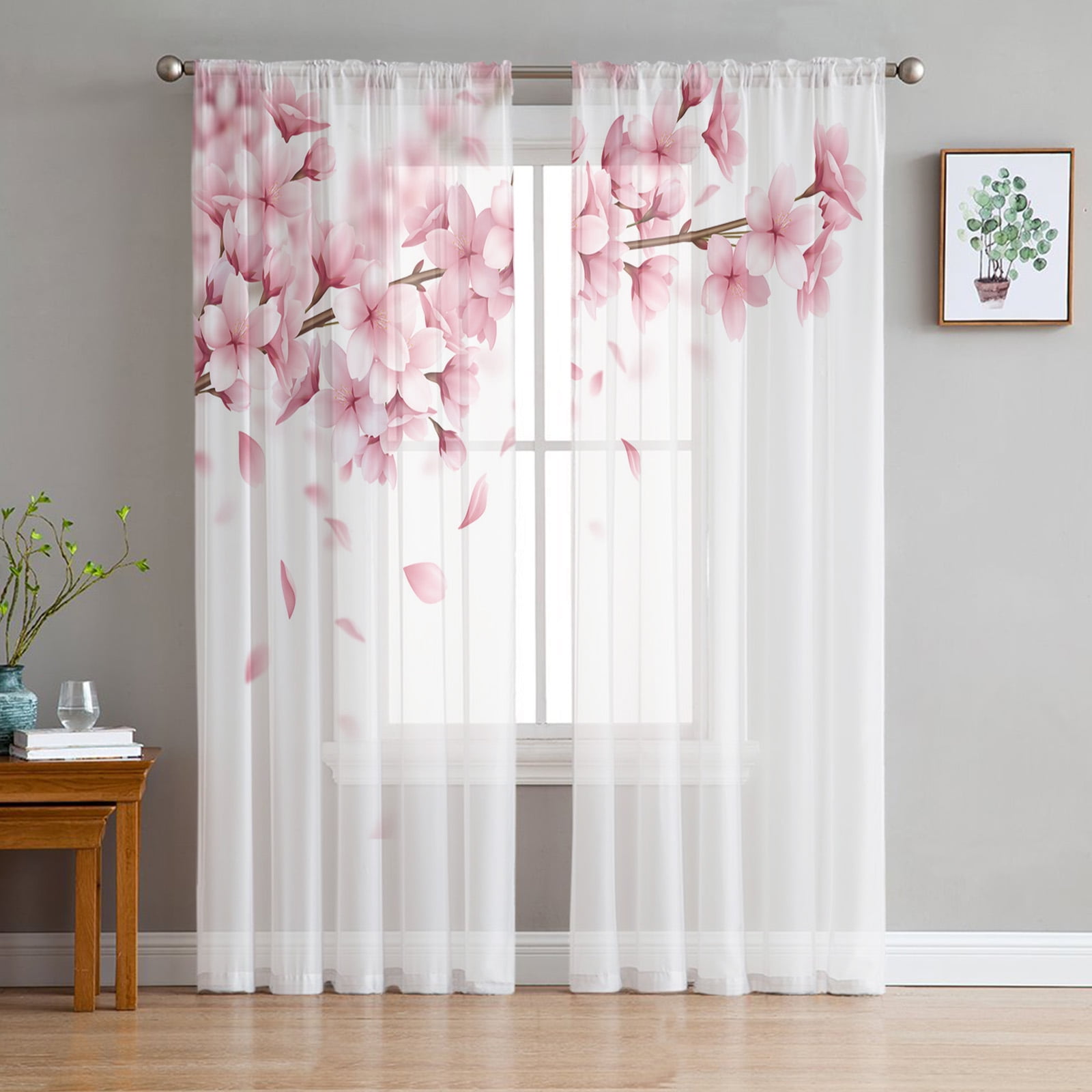 Japanese Style Sakura Cherry Blossom Pink Flower Sheer Curtains Living ...
