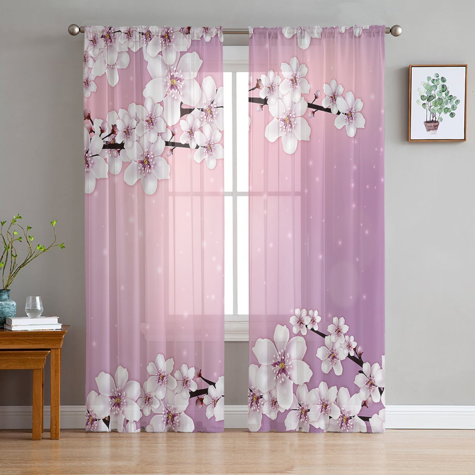 Japanese Style Sakura Cherry Blossom Pink Flower Tulle Curtains Living ...