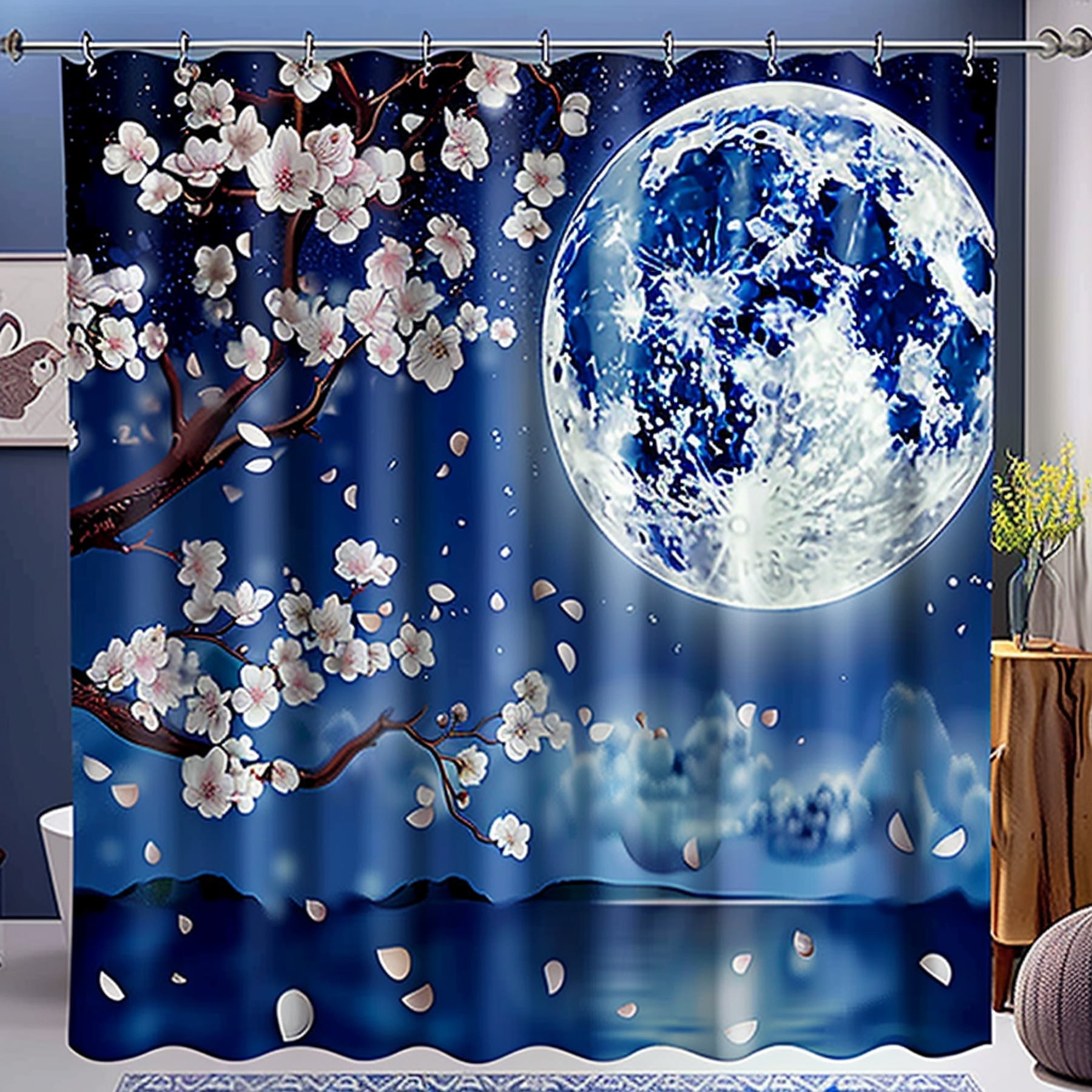 Japanese Style Sakura Moon Shower Curtain White Flowers Night Sky