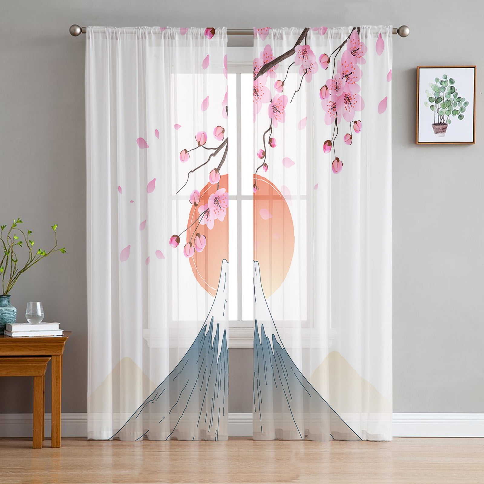 Japanese Style Sakura Texture Sheer Curtains For Living Room Bedroom ...