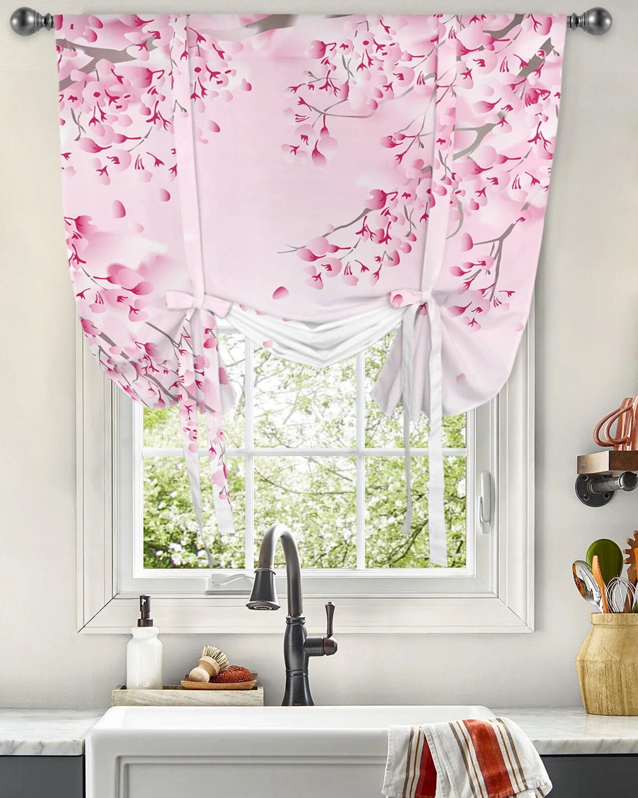 Japanese Style Sakura Texture Window Curtain for Living Room Kitchen ...