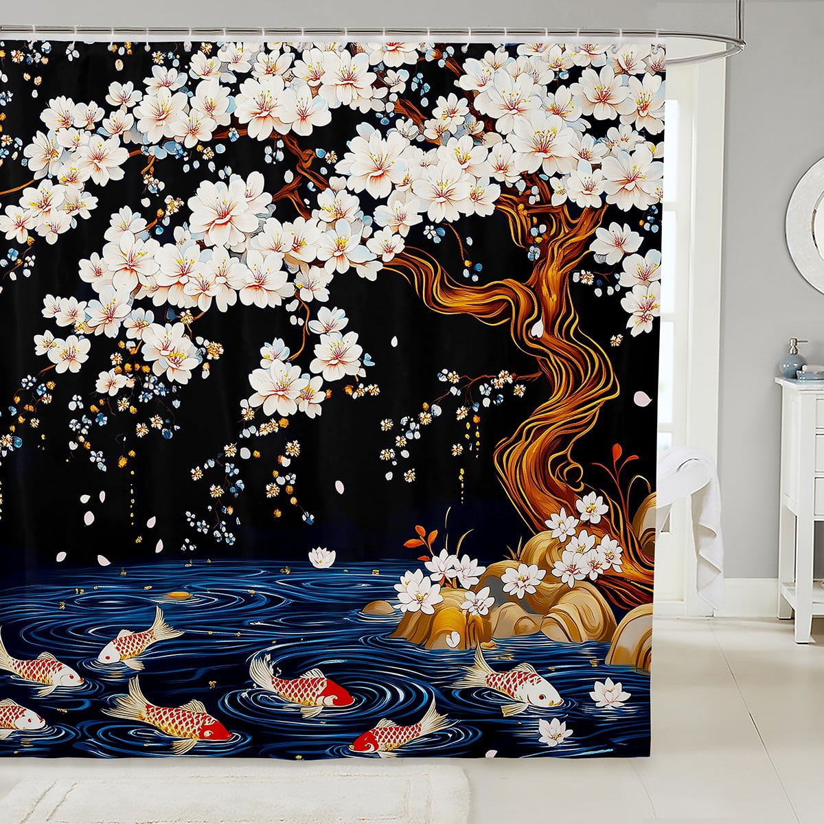 Japanese Style Shower Curtain,Cherry Blossoms and Koi Fish Bathroom ...