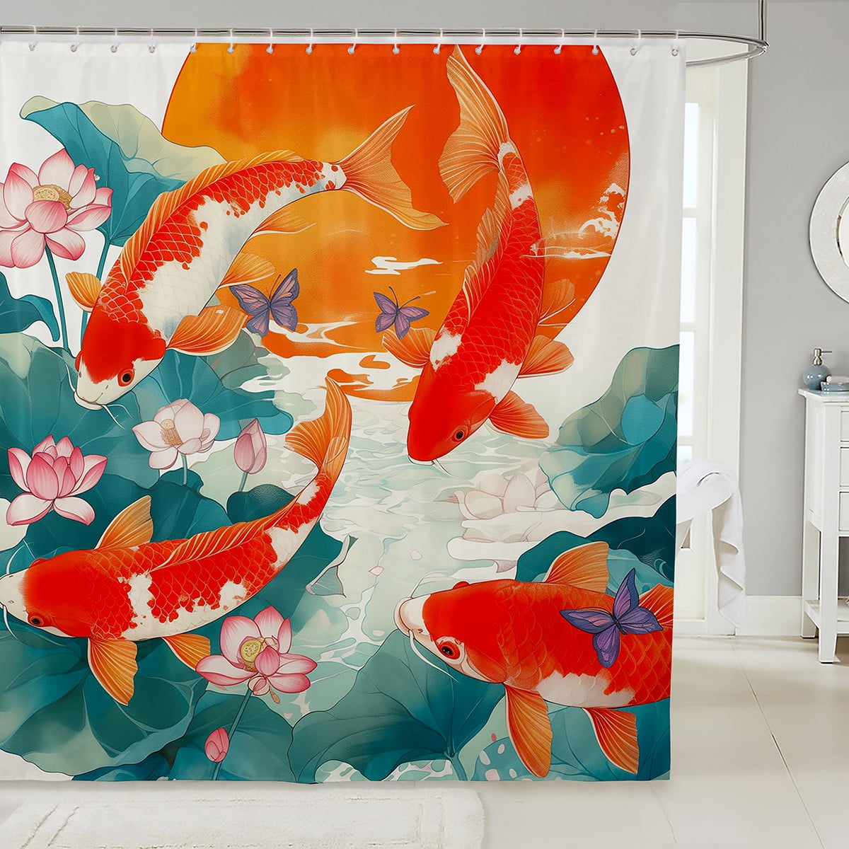 Japanese Style Shower Curtain Red White Koi Waterproof Bathroom Curtain ...