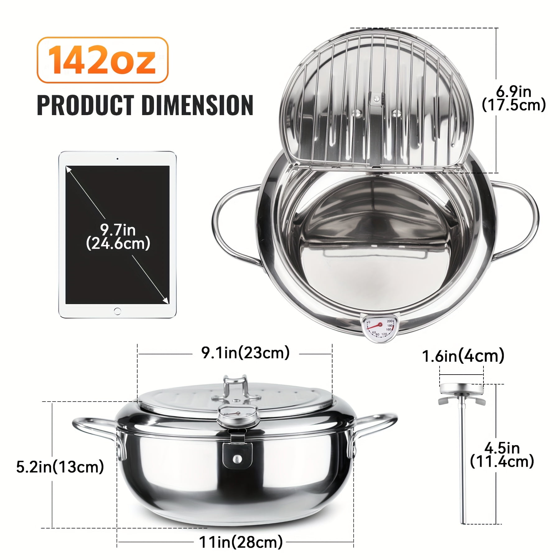 Japanese Style Stainless Steel Frying Pan with Thermometer | Large ...