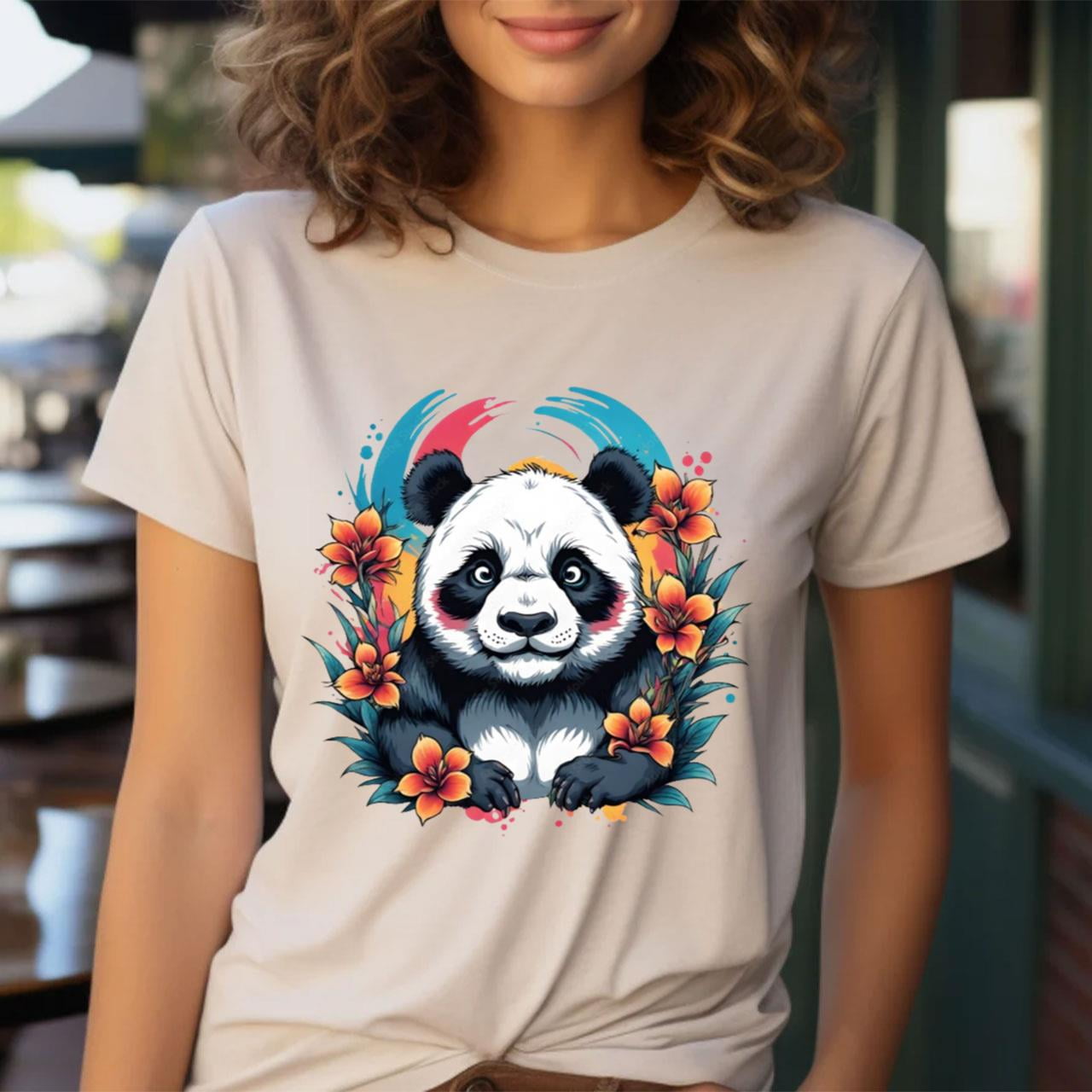 Japanese Style T-shirt Design print of Panda with Flower - Walmart.com