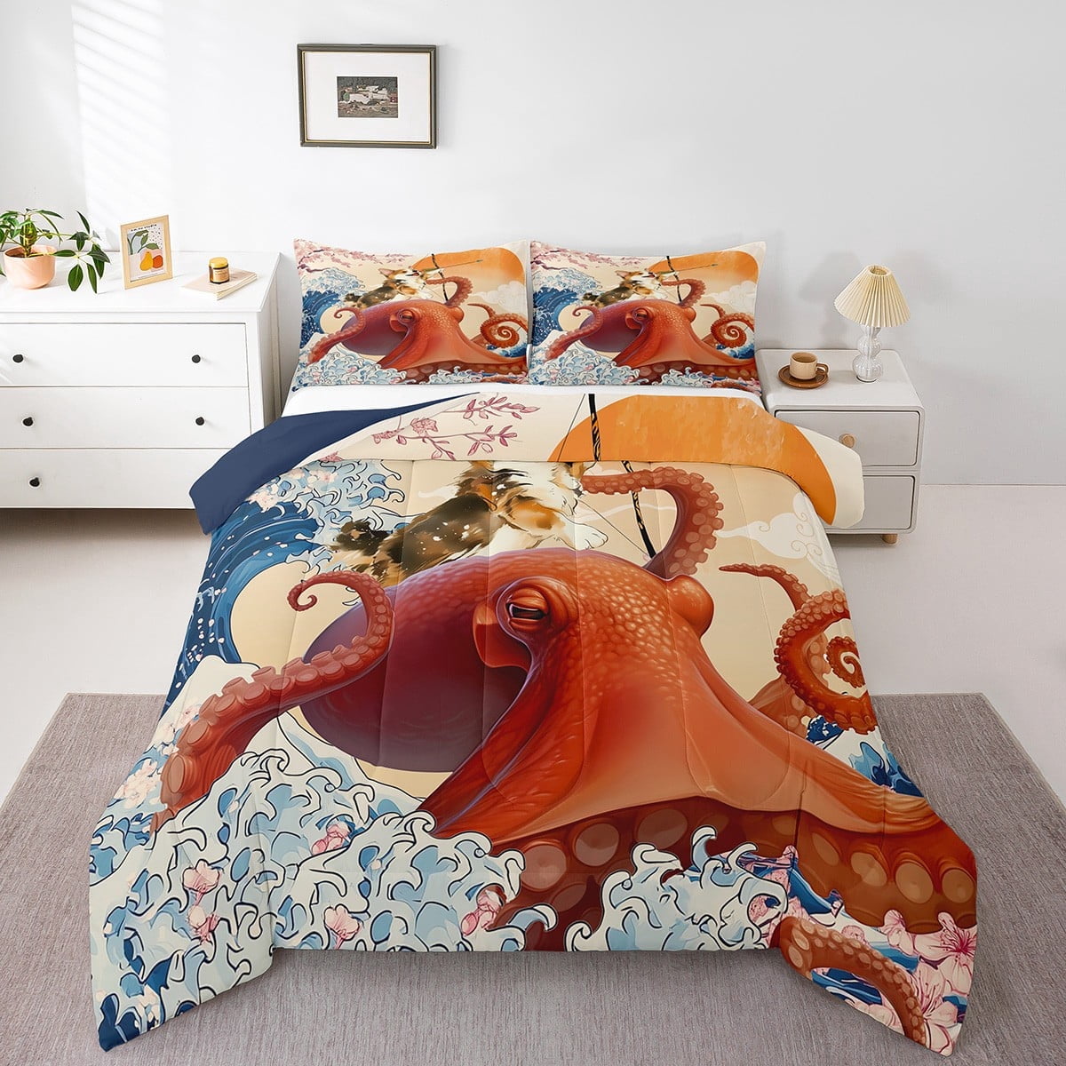 Japanese Style Twin Comforter Set Fun Corgi Dog Octopus Bedding Set ...