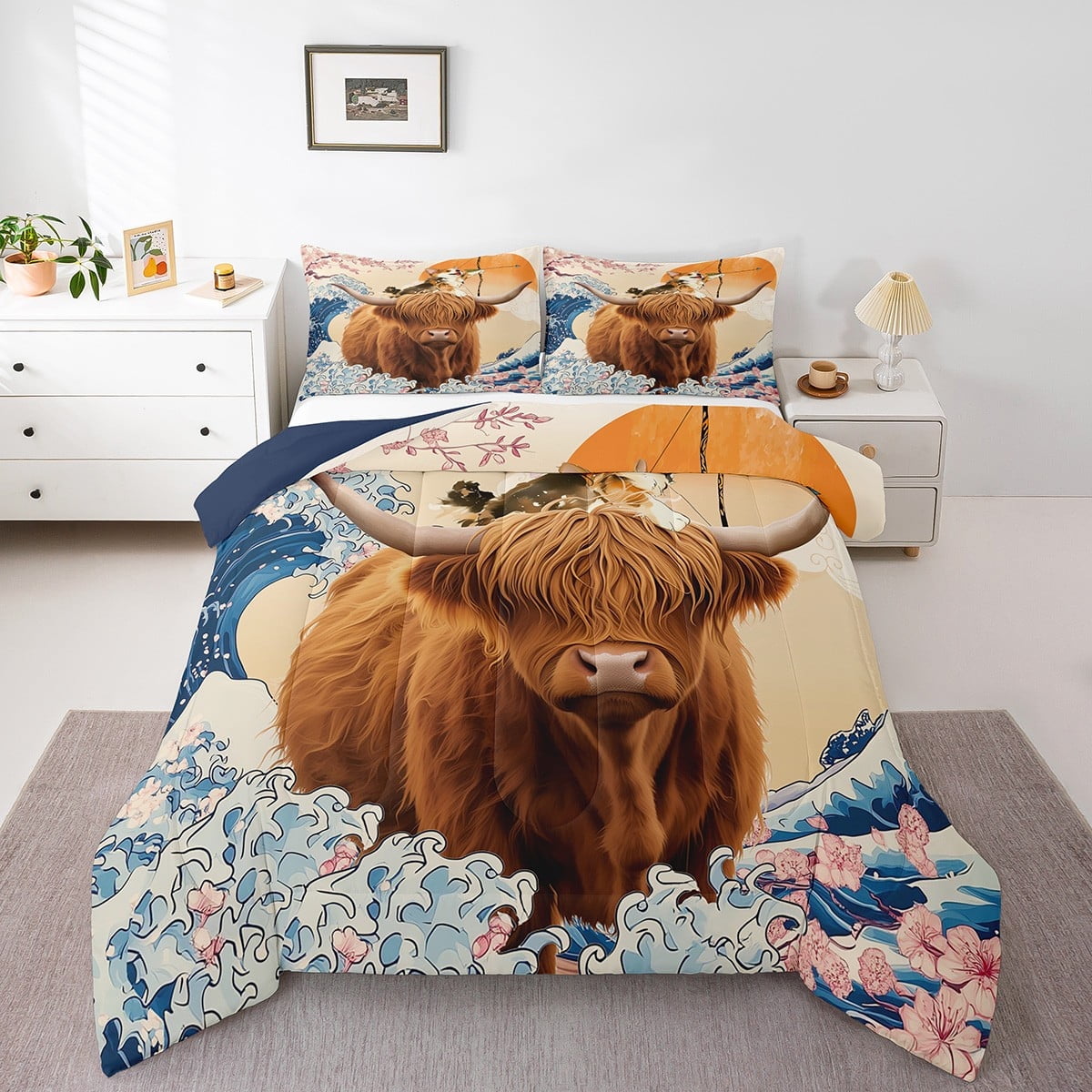 Japanese Style Twin Comforter Set Fun Corgi Highland Cow Bedding Set ...