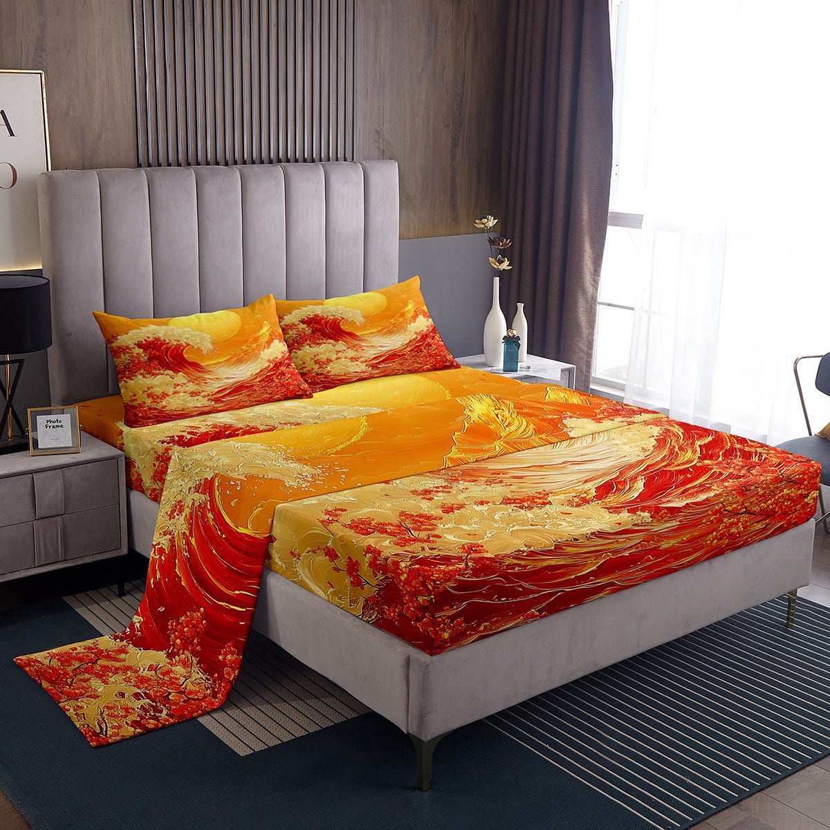 Japanese Style Ukiyoe Bed Sheet Set King Size Sea Wave Sheet Set Red ...
