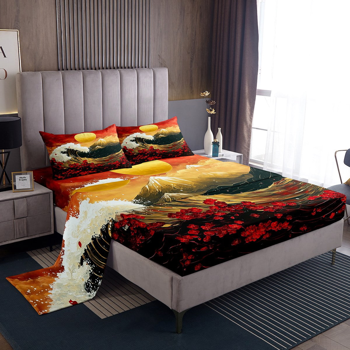 Japanese Style Ukiyoe Sheet Set Sea Wave Bedding Set Retro Sun Cherry ...