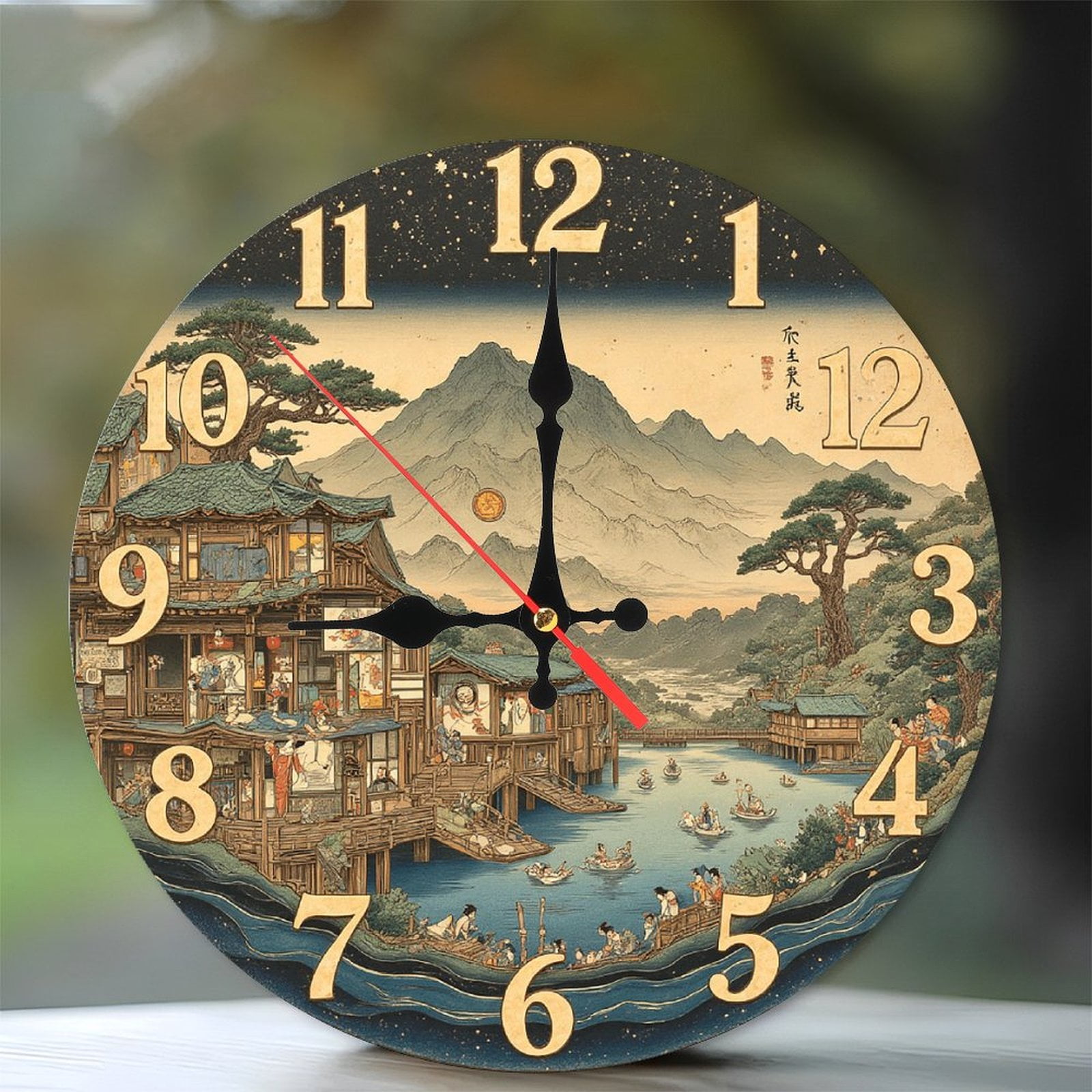 Japanese Style Wall Clock Vintage River Scene 10-Inch Silent Wooden ...