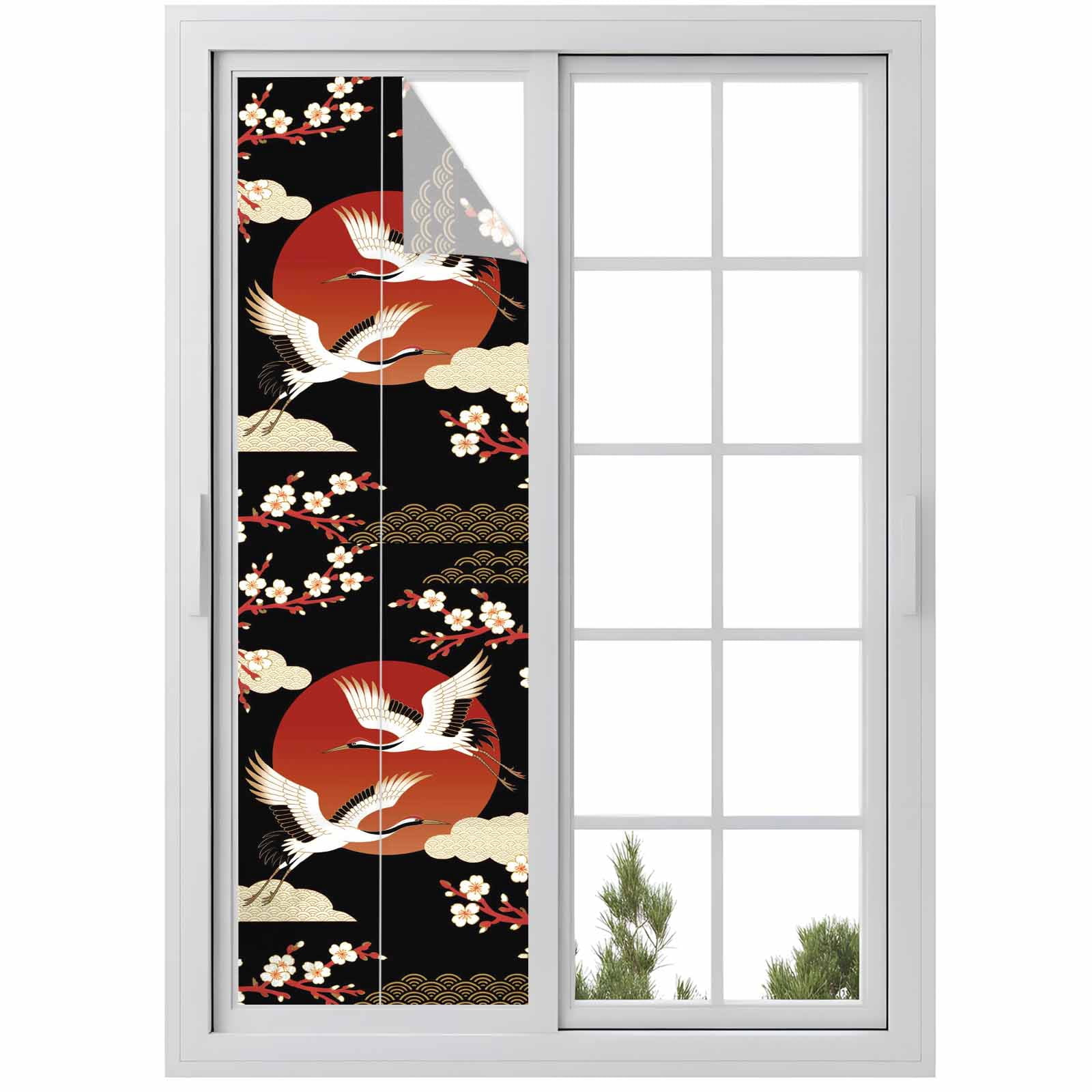 Japanese Style Window Privacy Film, Modern Cranes Cherry Flower Wave ...
