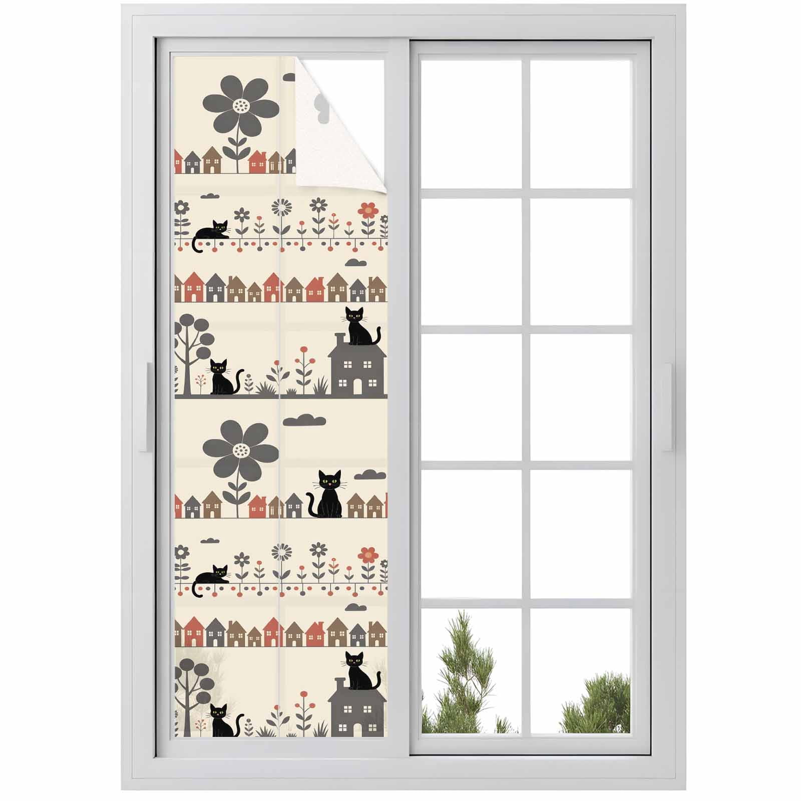 Japanese Style Window Privacy Film, Vintage Cartoon Cat House Trees ...