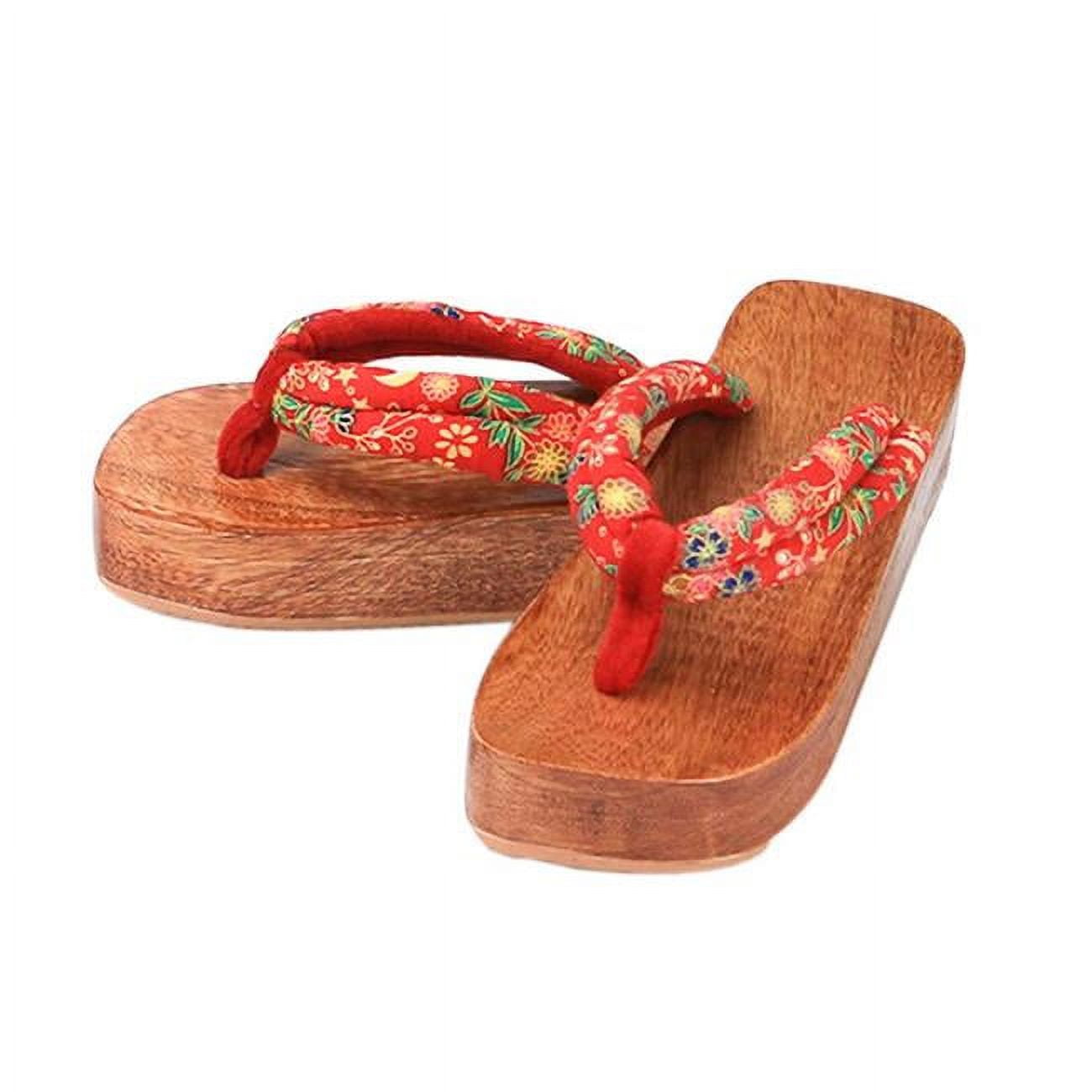 Japanese Style Wooden Clogs Womens Red Flowers Pattern Platform Shoe ...