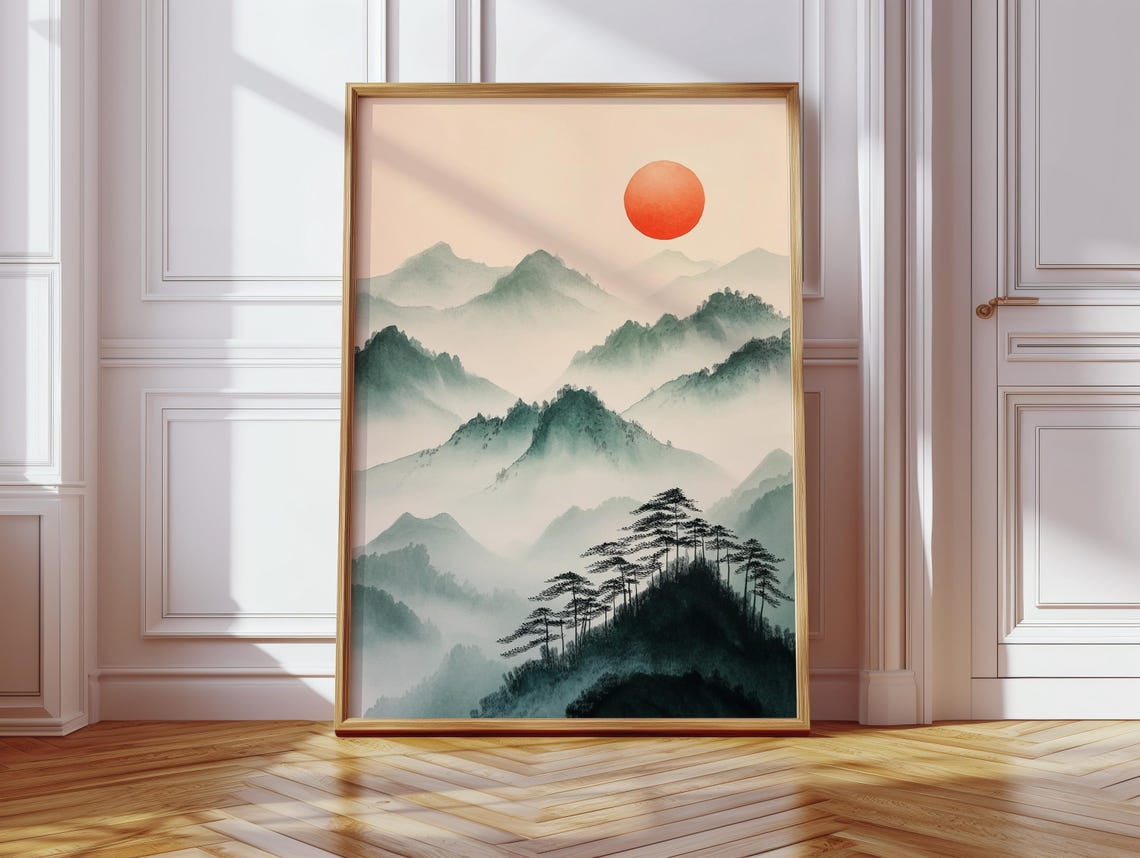 Japanese Sumi-E Mountain Print - Red Sun Zen Landscape Art - Misty ...