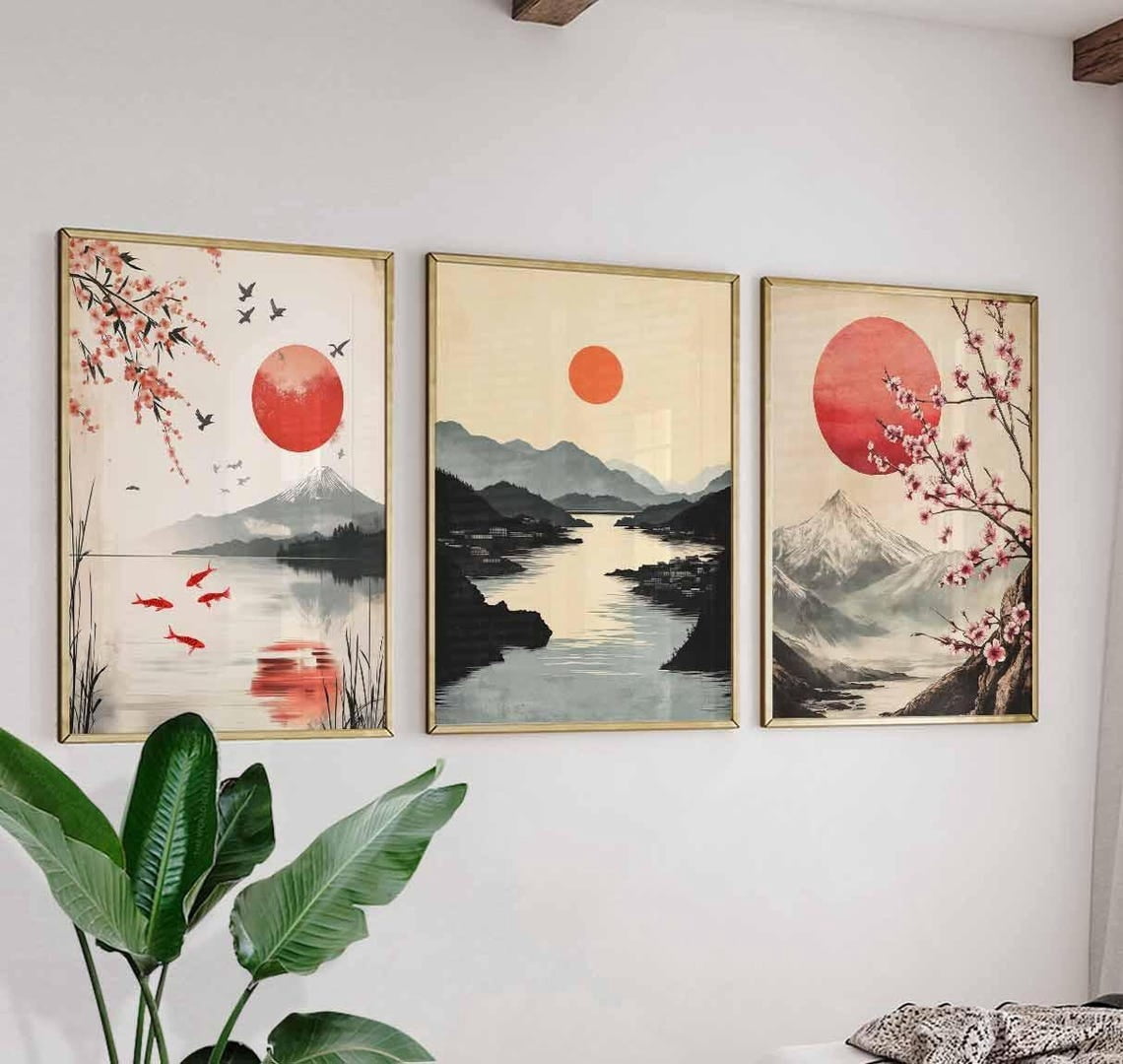 Japanese SunRed Sun Mountain Lake Cherry Blossom Koi Fish Asian Nature ...