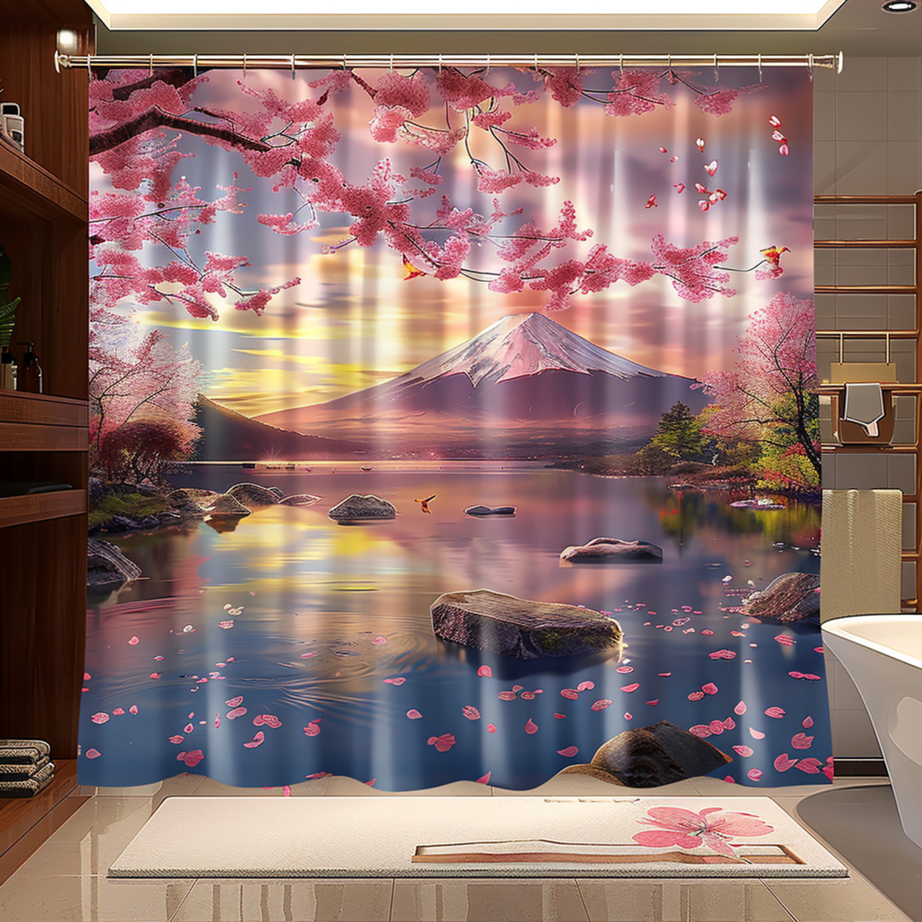 Japanese Sunset Mountain Water Reflection Shower Curtain Pink Floral ...