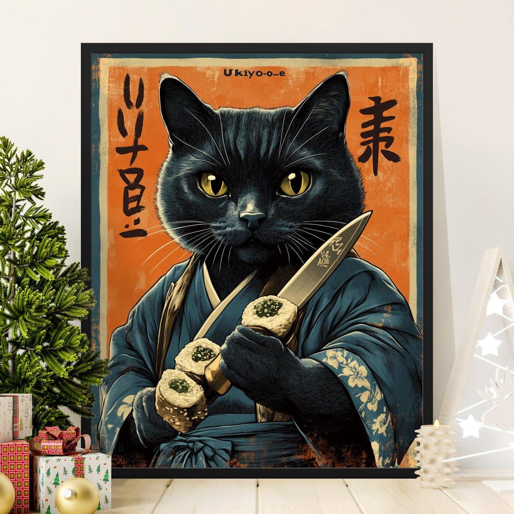 Japanese Sushi Cat Poster, Japanese Art Print, Vintage Style Wall Art ...