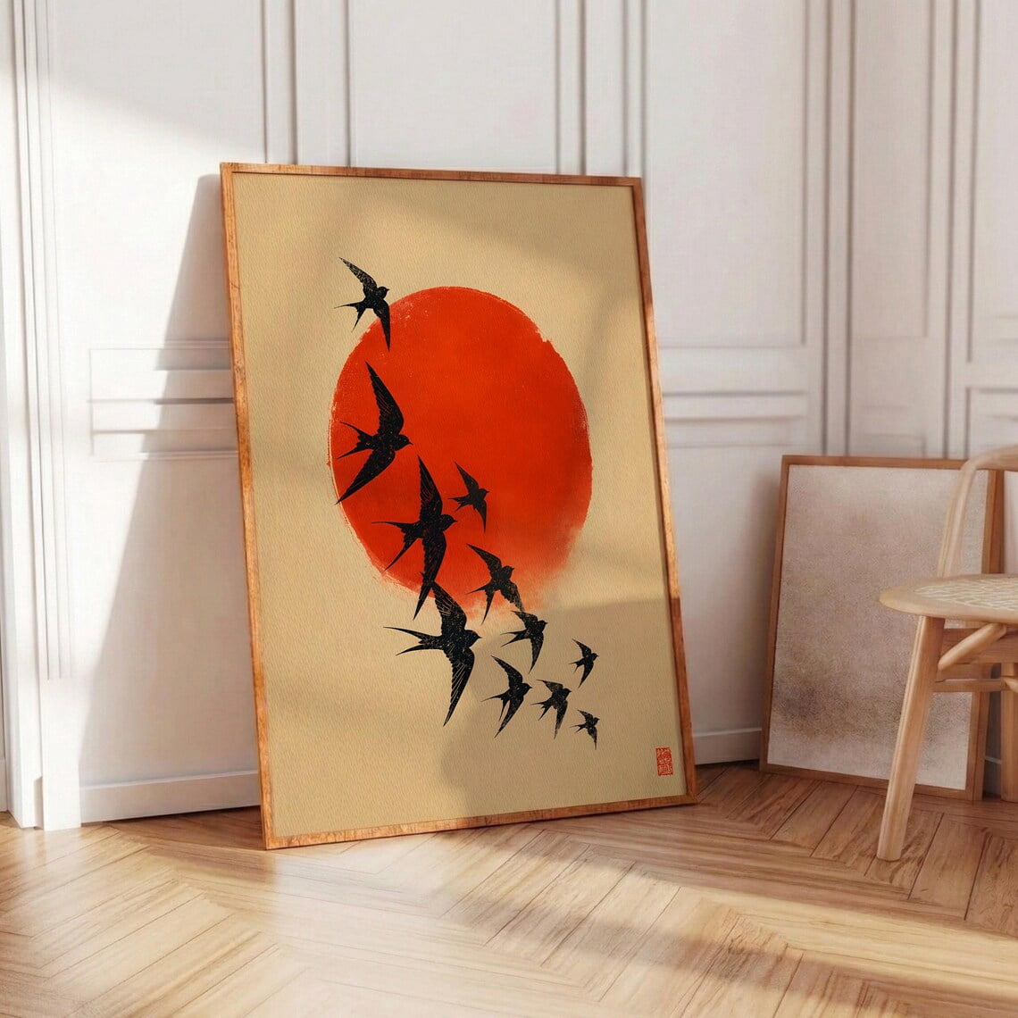 Japanese Swallows Rising Sun Minimalist Zen Bird Ukiyo-e Style Folk Art ...