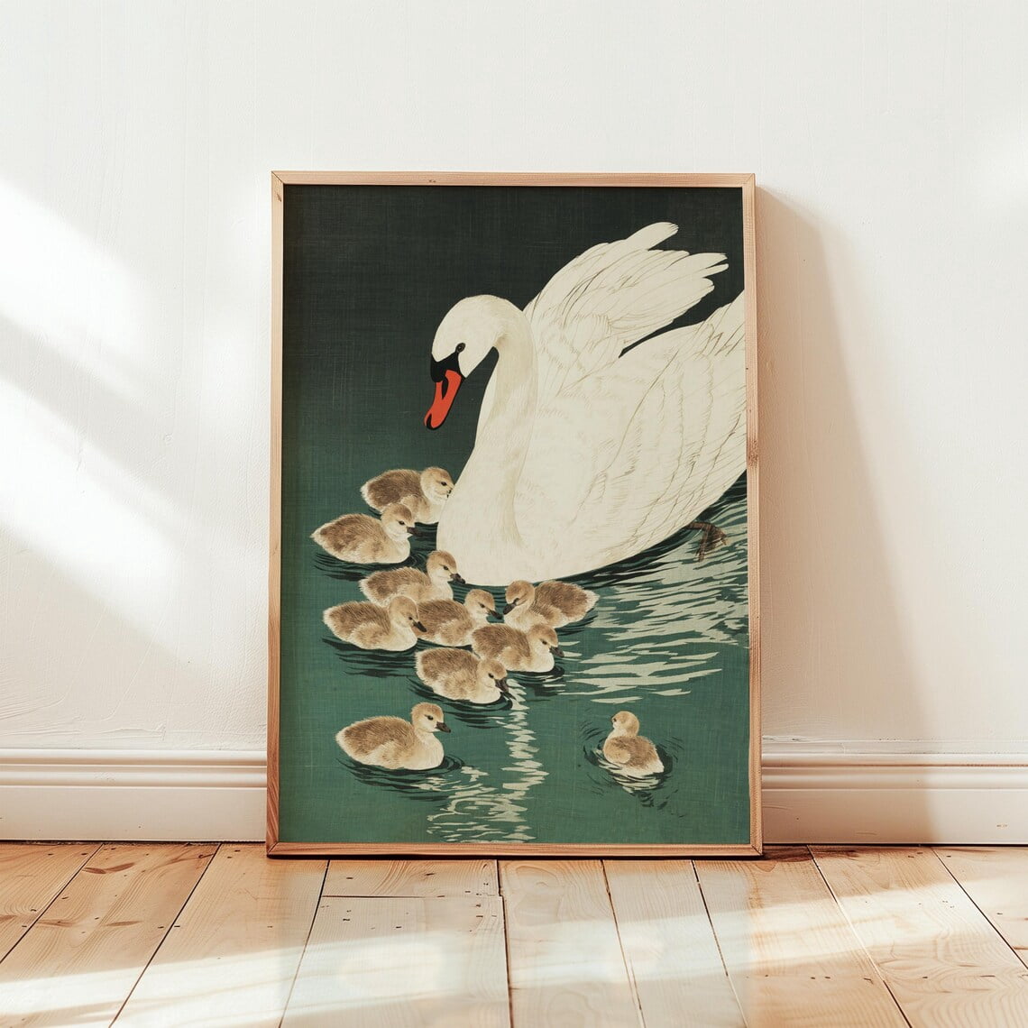Japanese Swan and Cygnets Poster Green Lake Bird Illustration Art ...