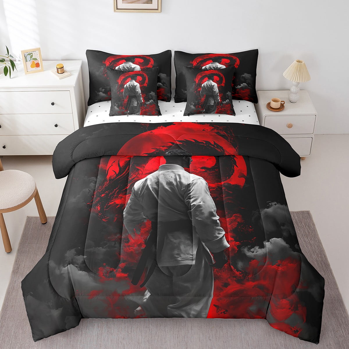 Japanese Taekwondo 7Pcs Comforter Set King,Black Red Dragon Pattern ...