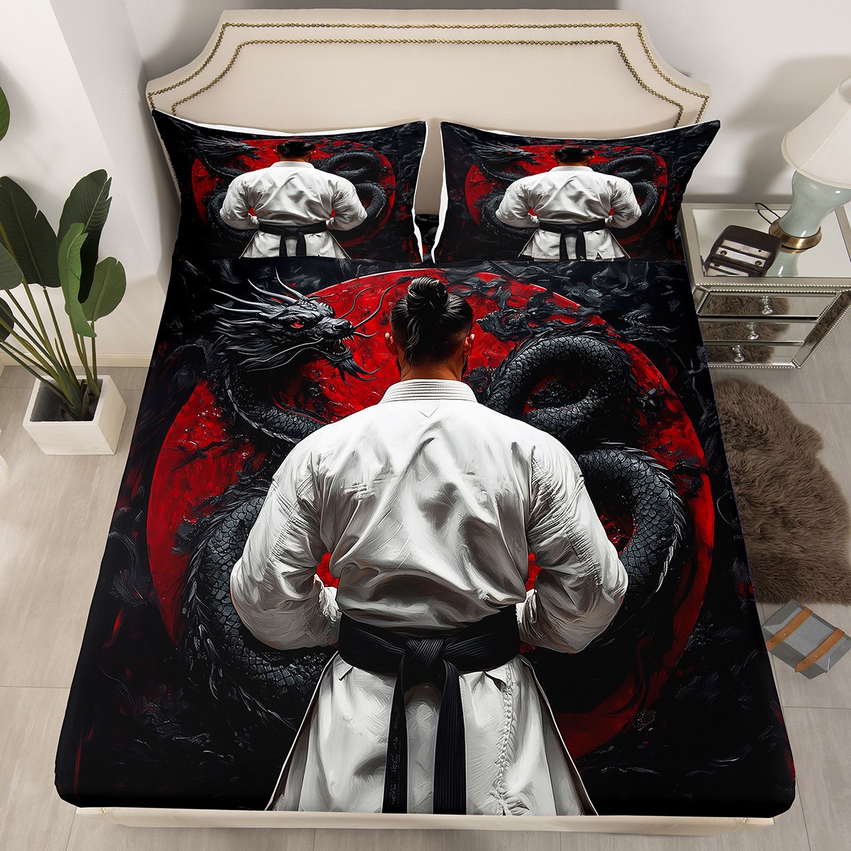 Japanese Taekwondo Bedding Set Full Size,Black Red Dragon Pattern ...