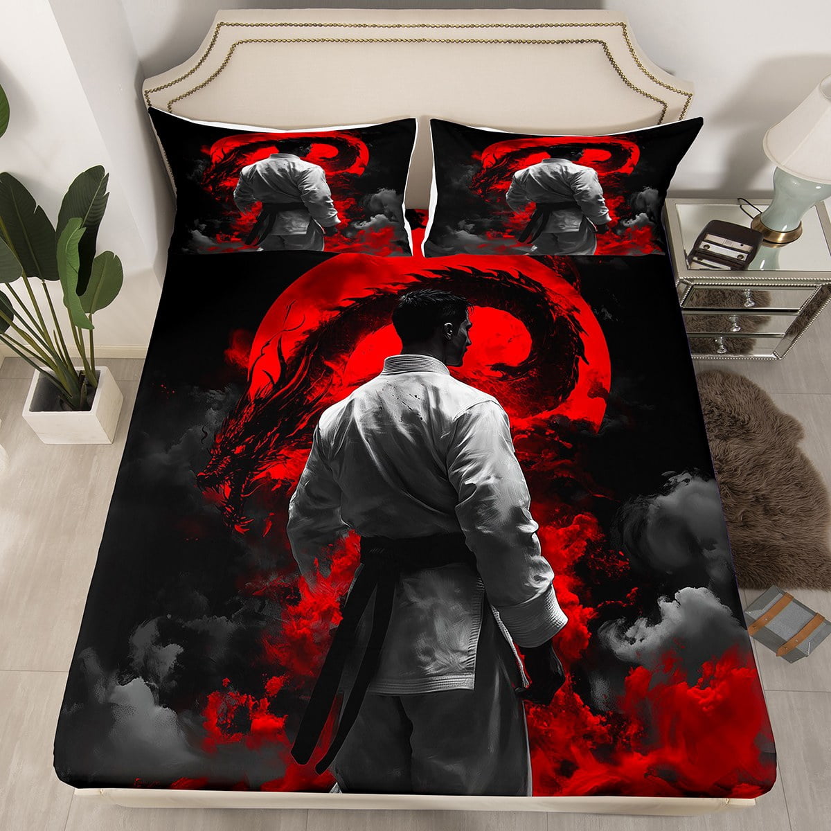 Japanese Taekwondo Fitted Sheet Full Size,Black Red Dragon Pattern ...