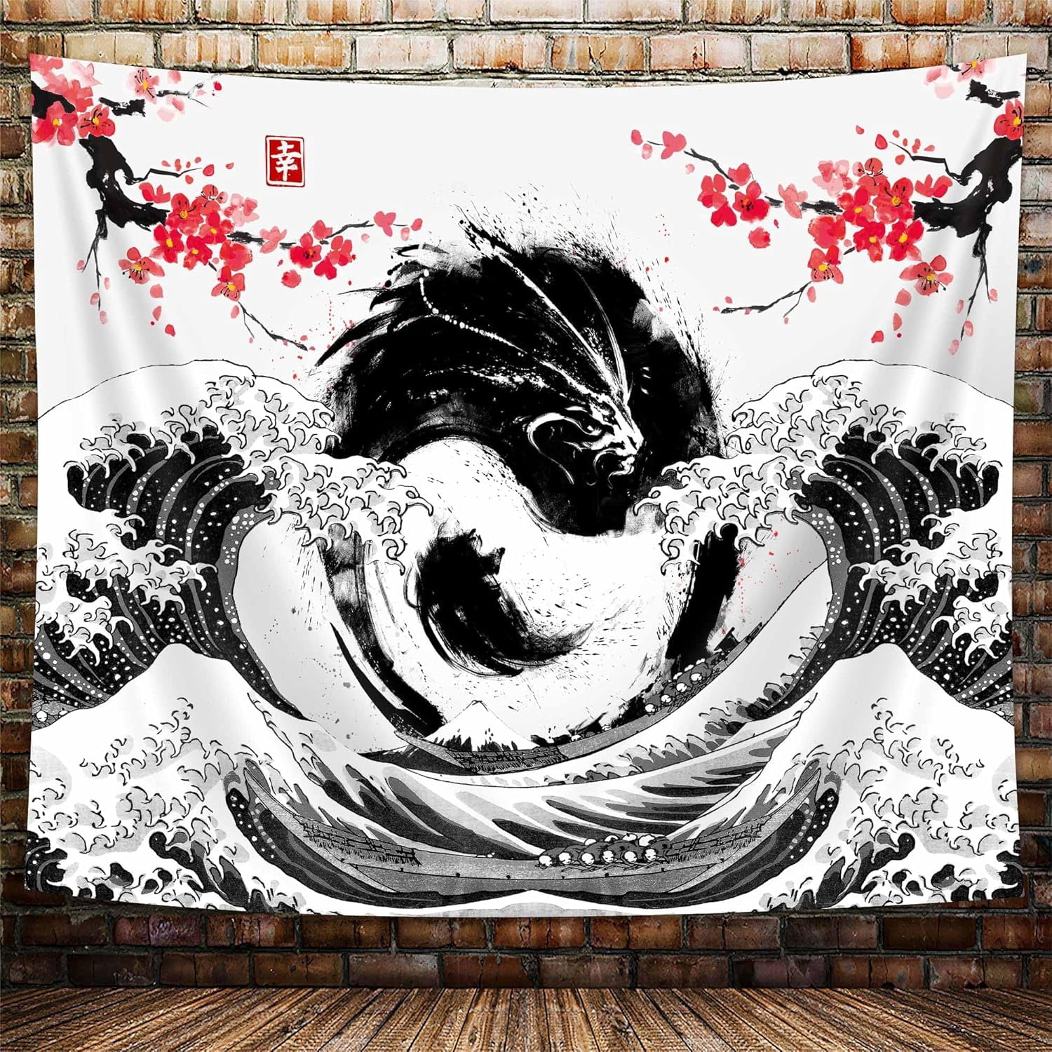 Japanese Tapestry, Cherry Blossom Black and White Yin Yang Dragon ...