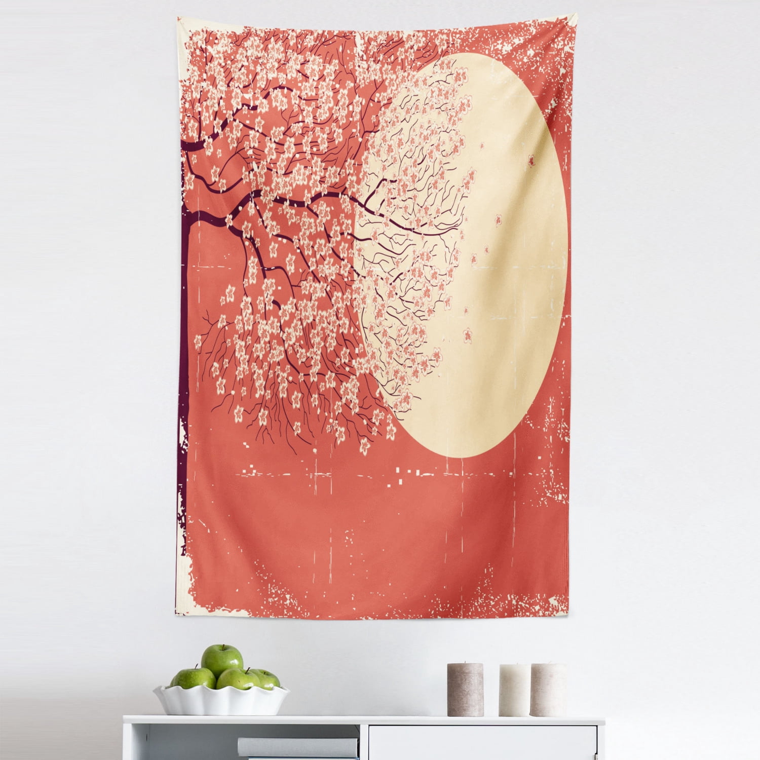 Japanese Tapestry, Cherry Blossom Sakura Tree Branches on Moon Japanese ...