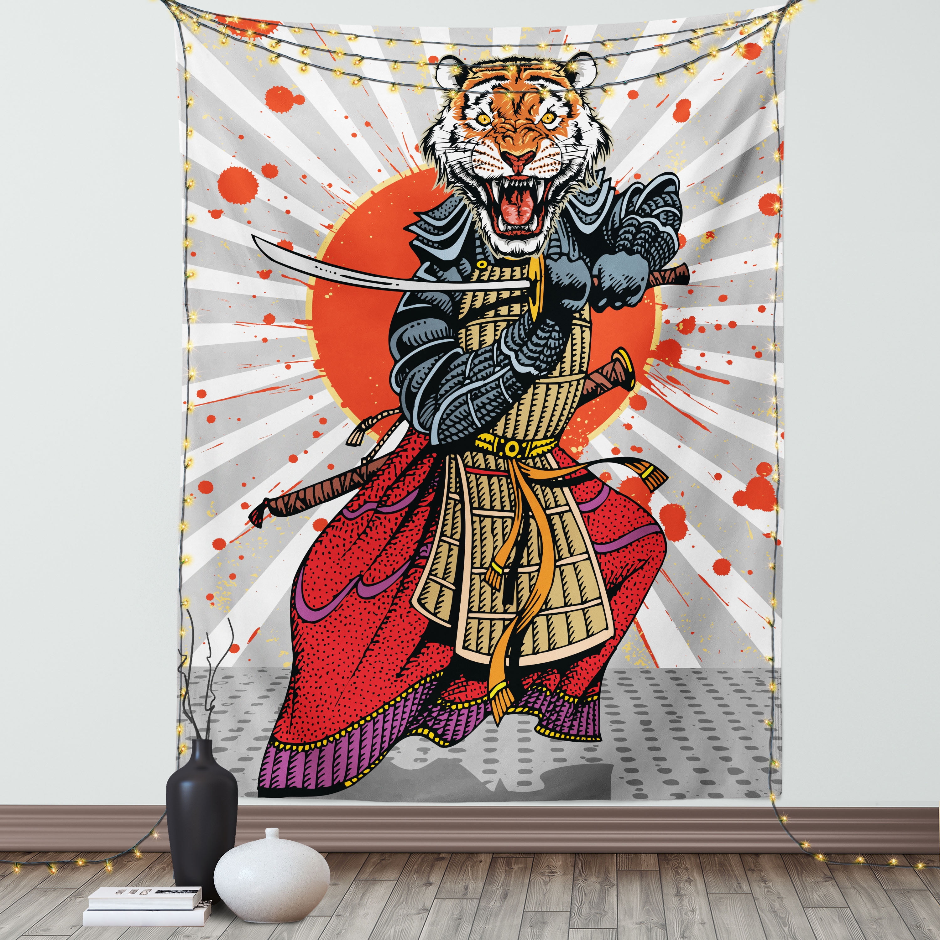 Japanese Tapestry, Samurai Tiger with Traditional Clothes Starburst ...