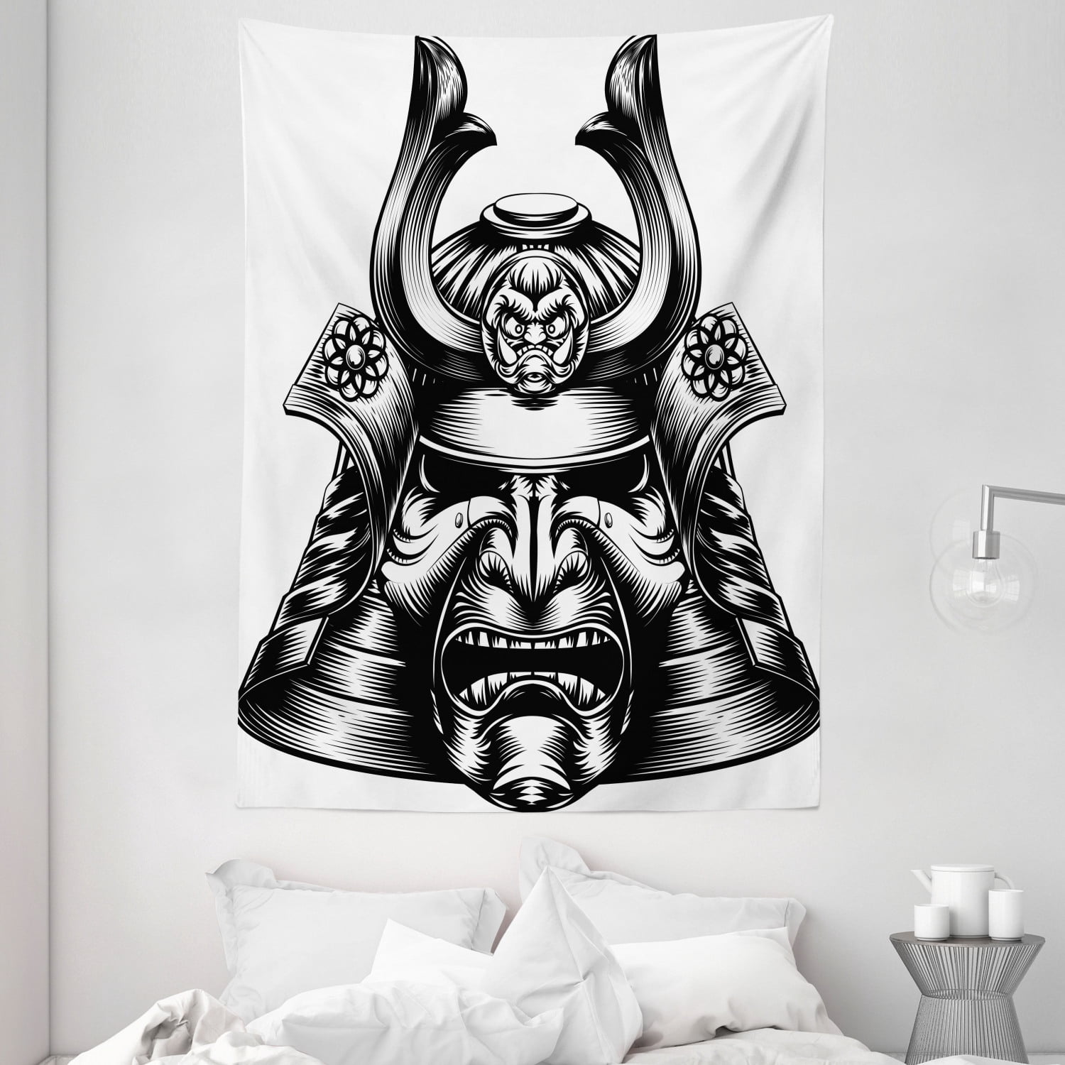 Japanese Tapestry, Vintage Style Oriental Themed Demon Samurai Mask ...