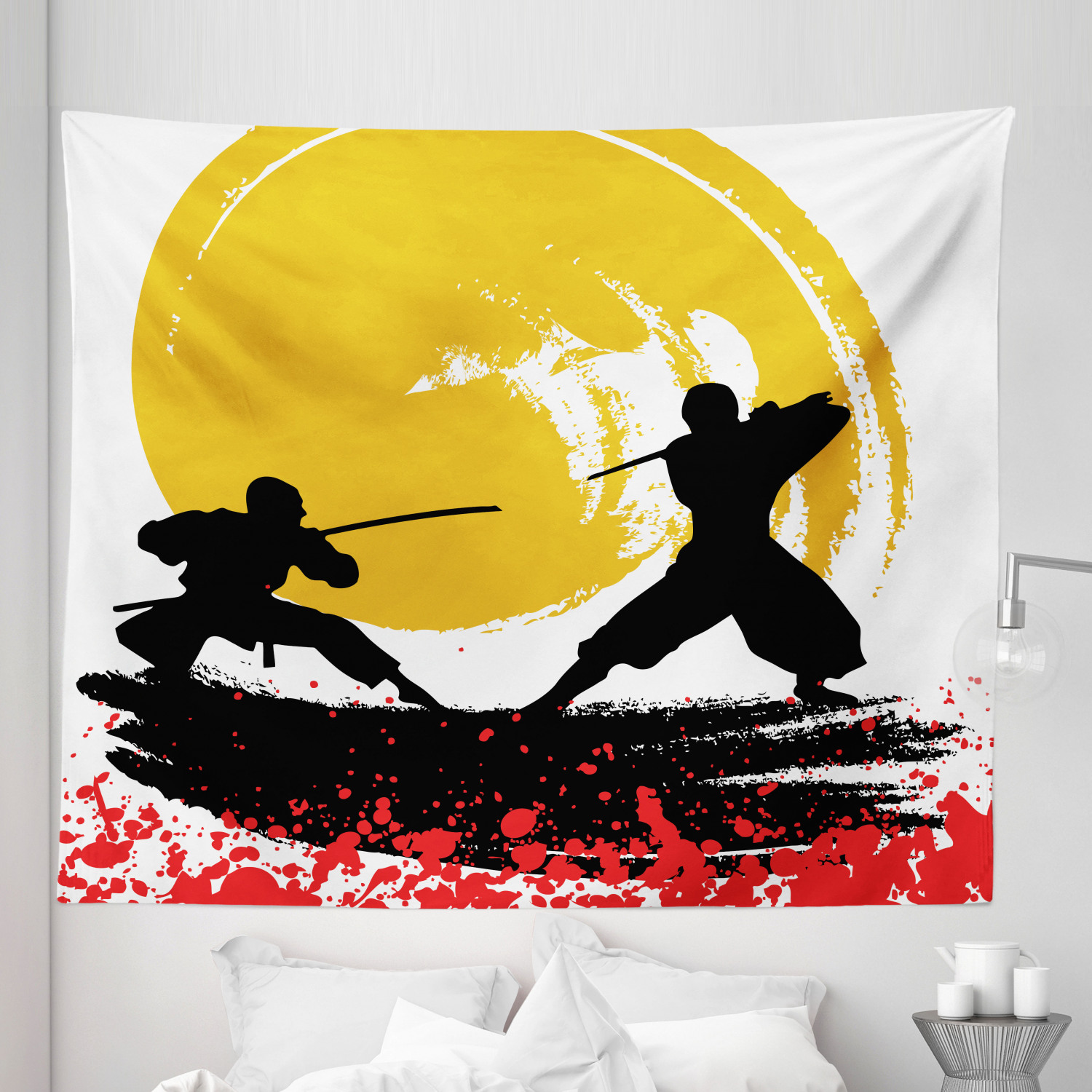Japanese Tapestry, Watercolor Style Silhouette Ninjas in the Moonlight ...