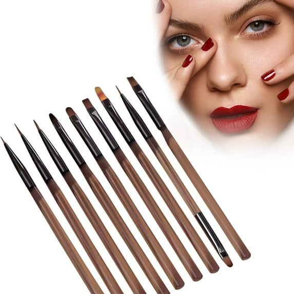 Japanese Tea Color Nail Art Brush Tool Set - 9-Piece Multi-Functional Brushes for Line Drawing ...
