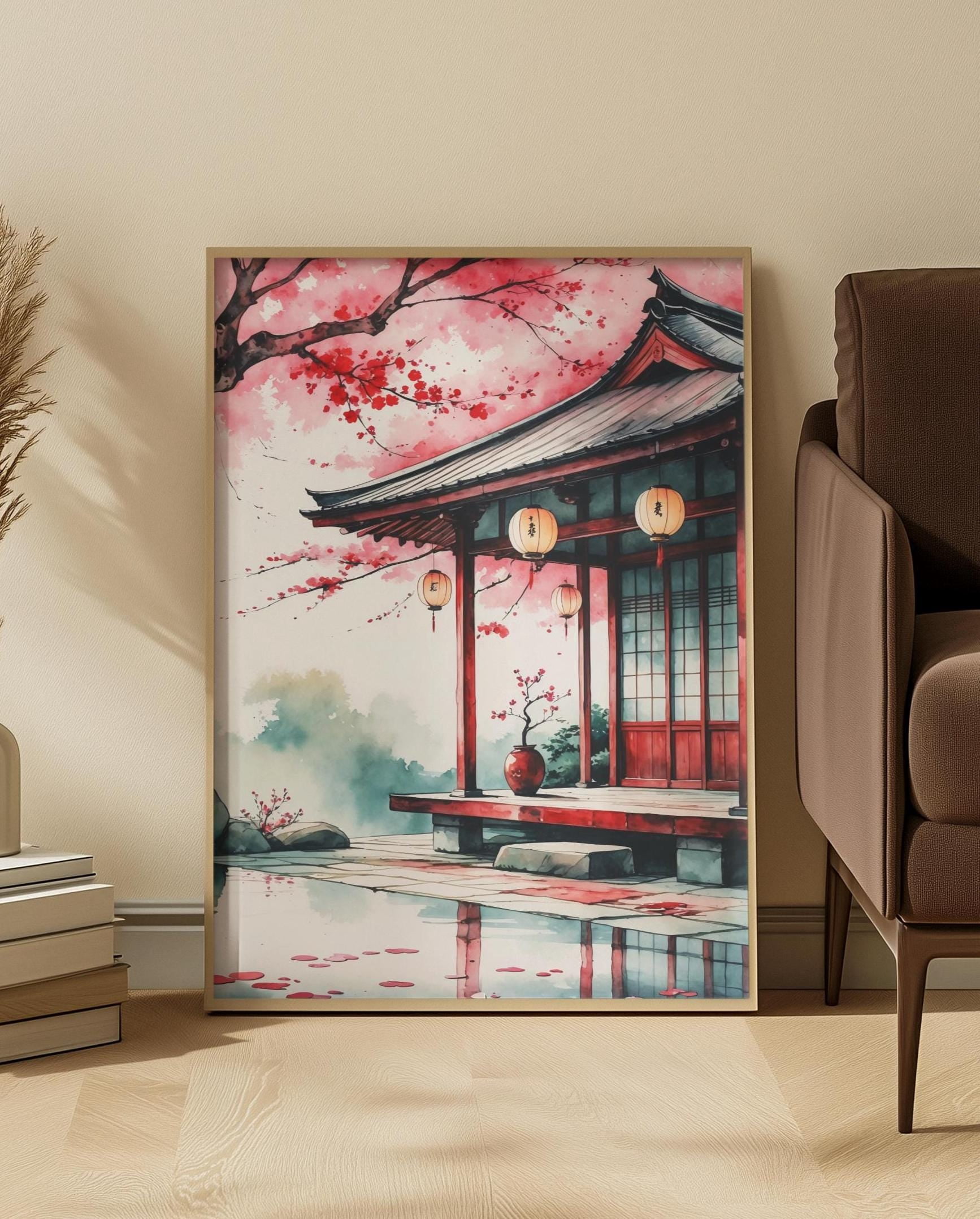 Japanese Temple Art Print Watercolor Style Red Pagoda Sakura Blossoms ...